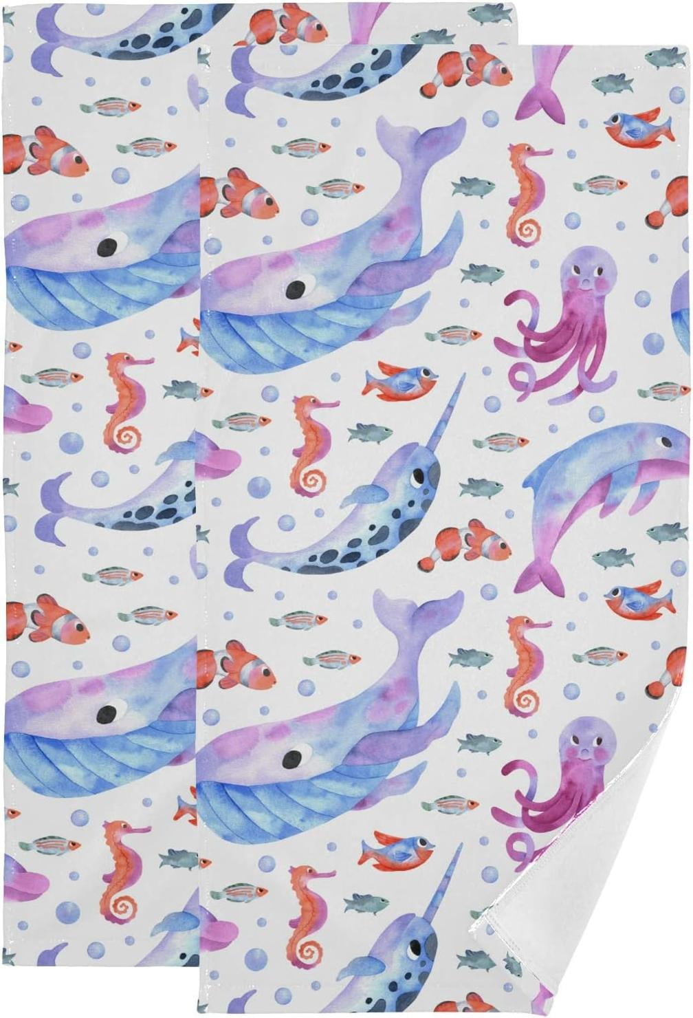 Watercolor Whales Dolphin Hand Towels 2 PCS, Colorful Sea Animals ...