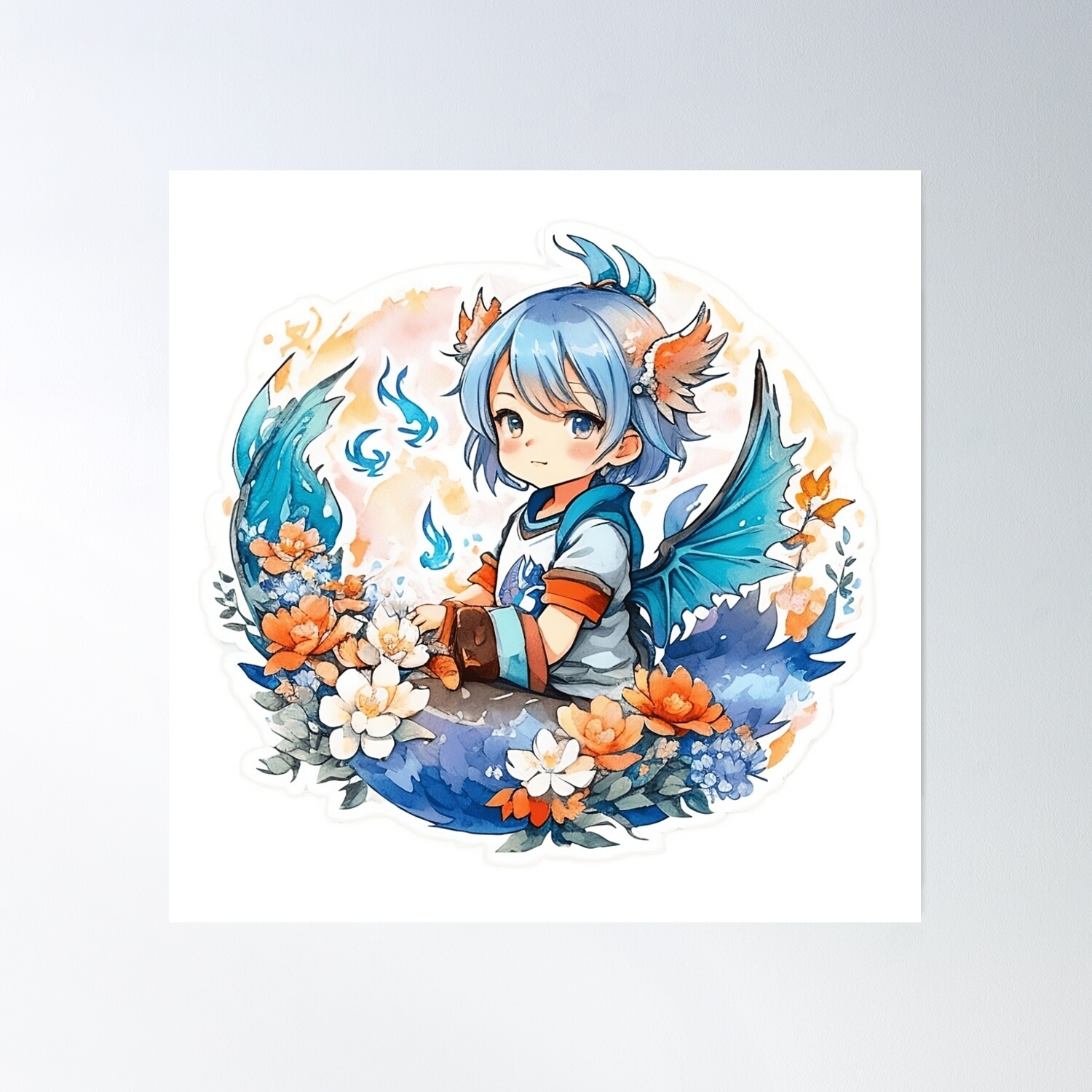 Watercolor Whimsical Wonderland: Cute Chibi Anime Girl With Blue Dragon ...