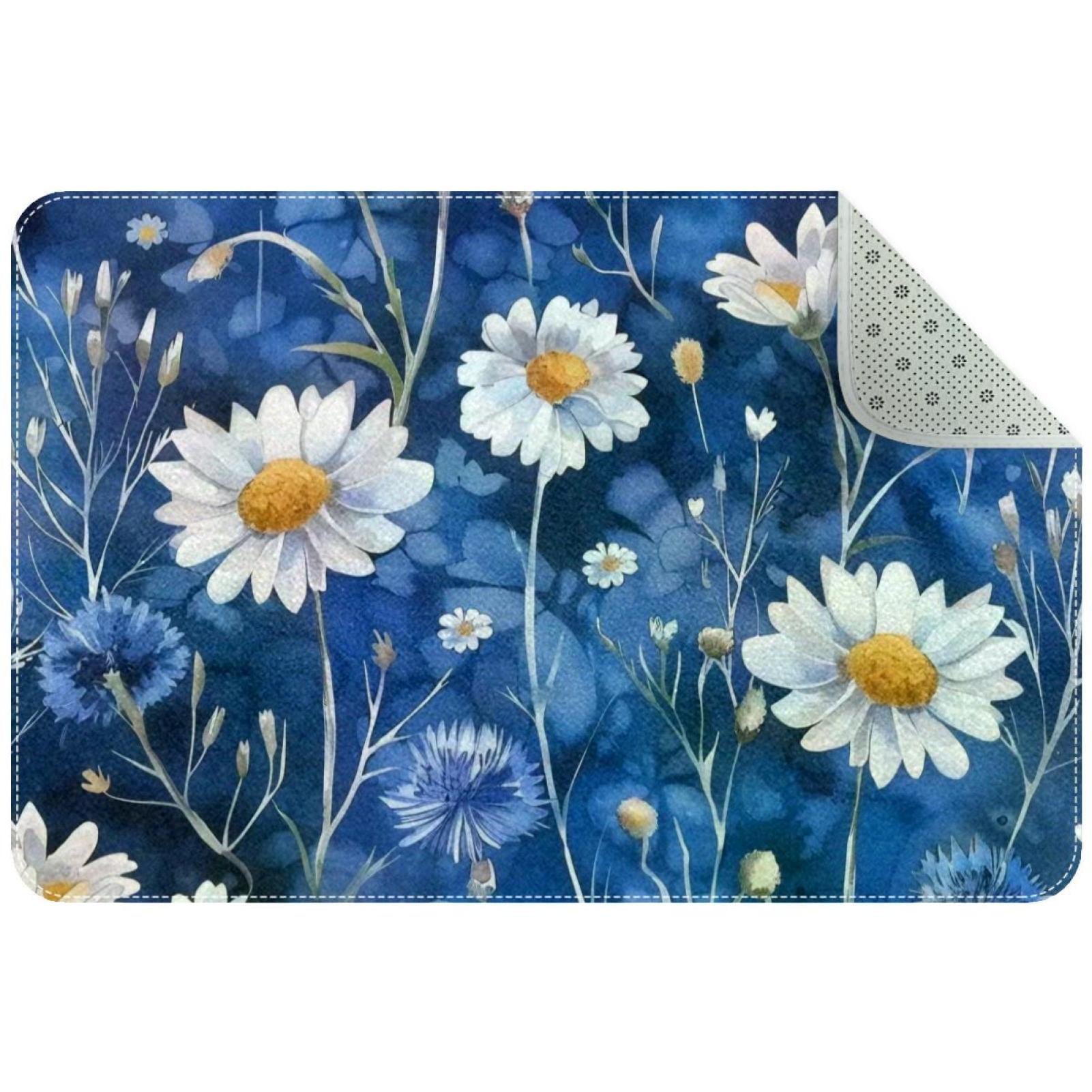 Watercolor White Daisies on Blue Background Entryway Rug, 2x3 Area Rug ...