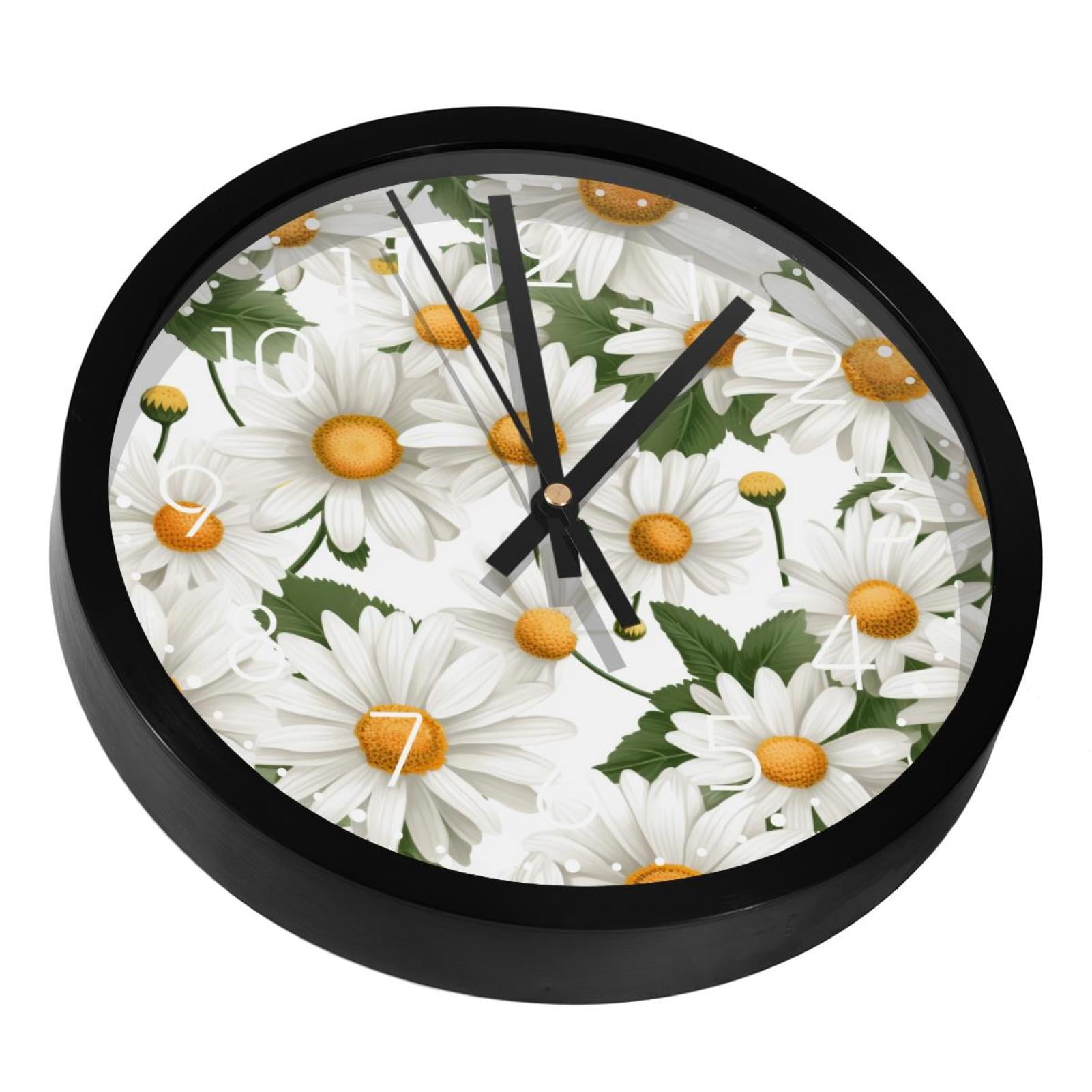 Watercolor White Daisy Flower Silent Wall Clock, Non Ticking Battery ...