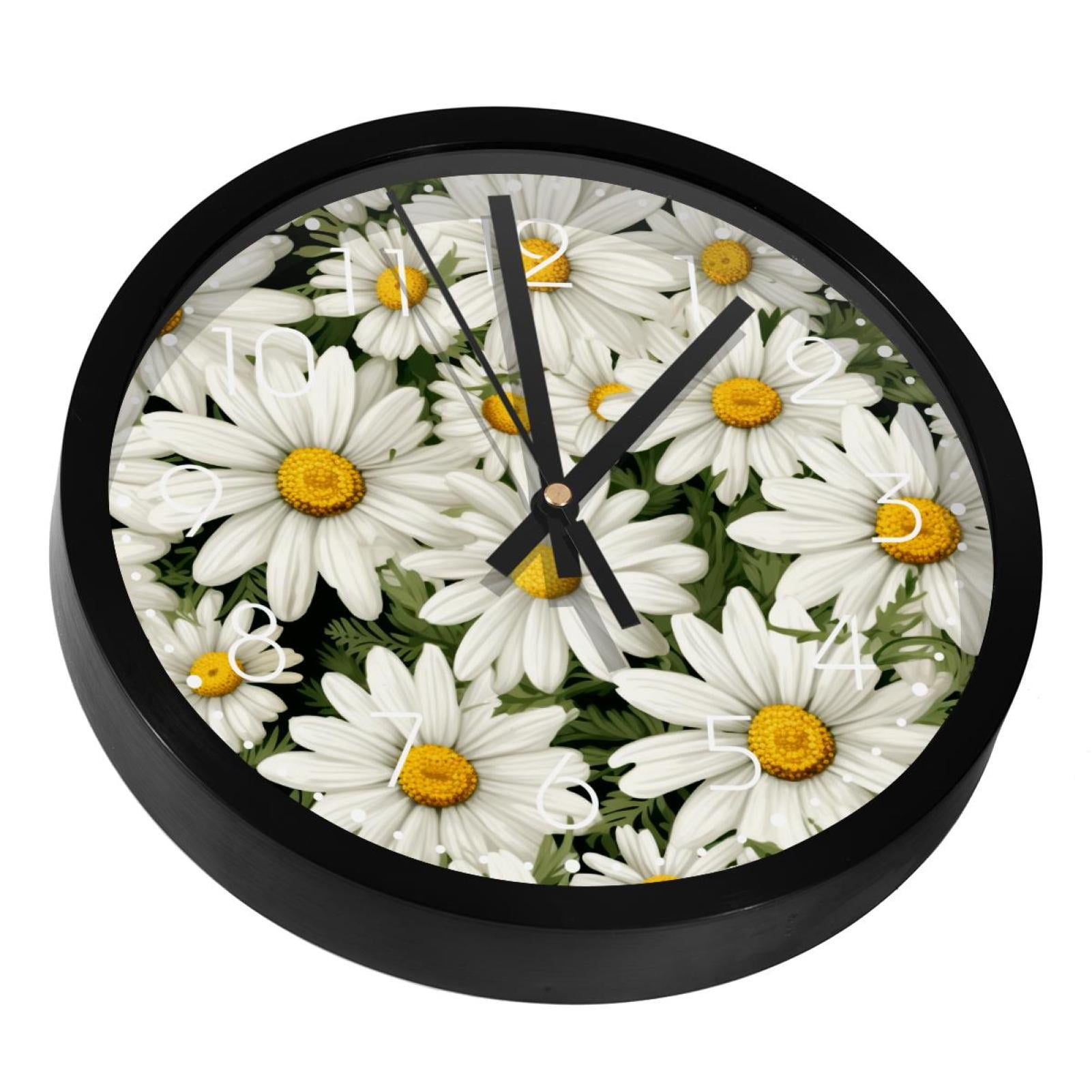 Watercolor White Daisy Flower Silent Wall Clock, Non Ticking Battery ...