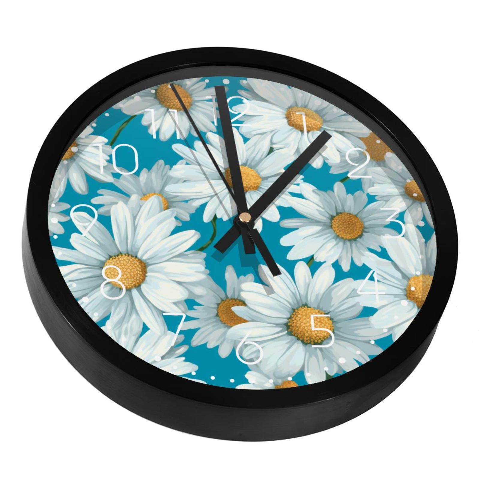 Watercolor White Daisy Flower Silent Wall Clock, Non Ticking Battery ...