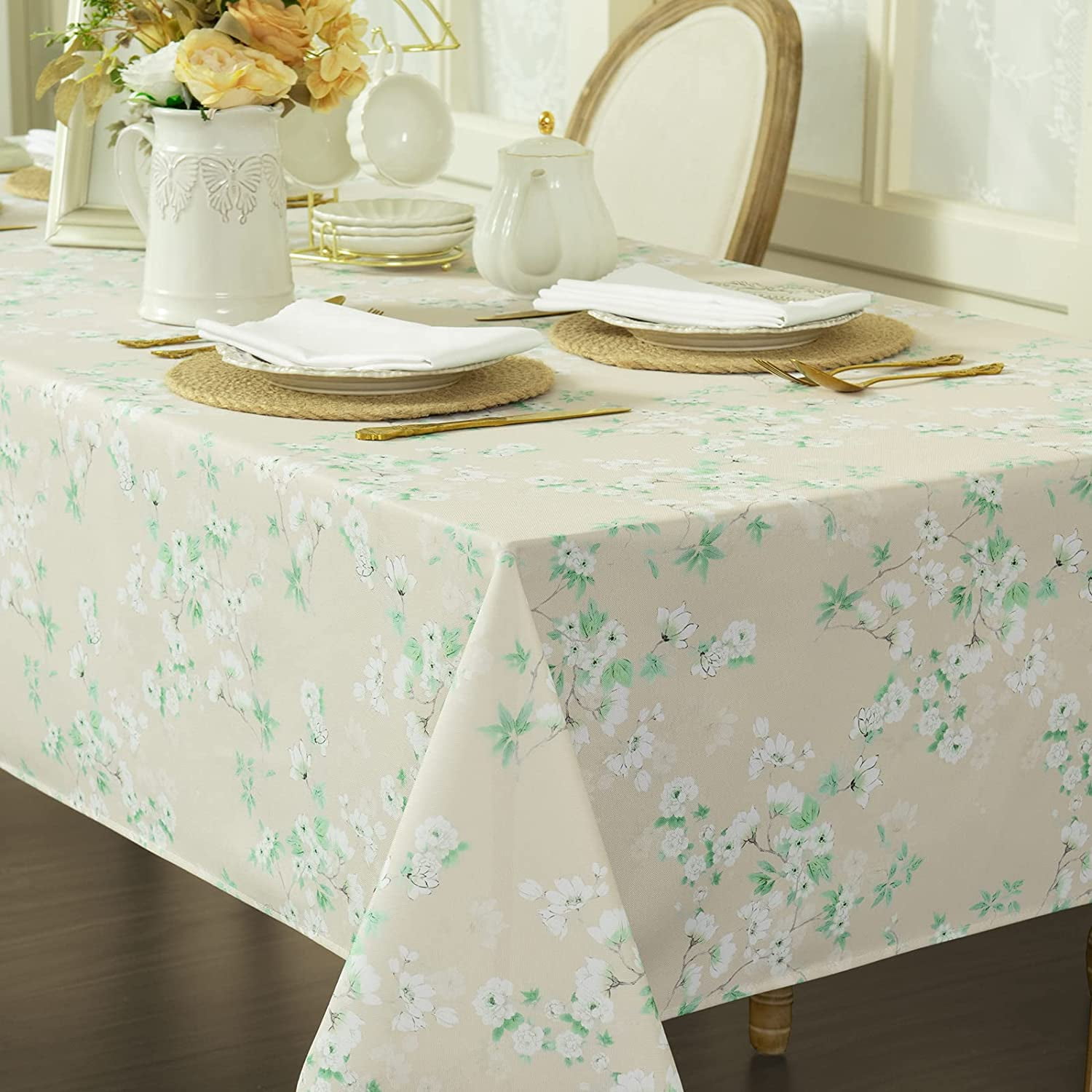 Watercolor White Floral Tablecloth,Magnolia Rectangle Table Cloth ...