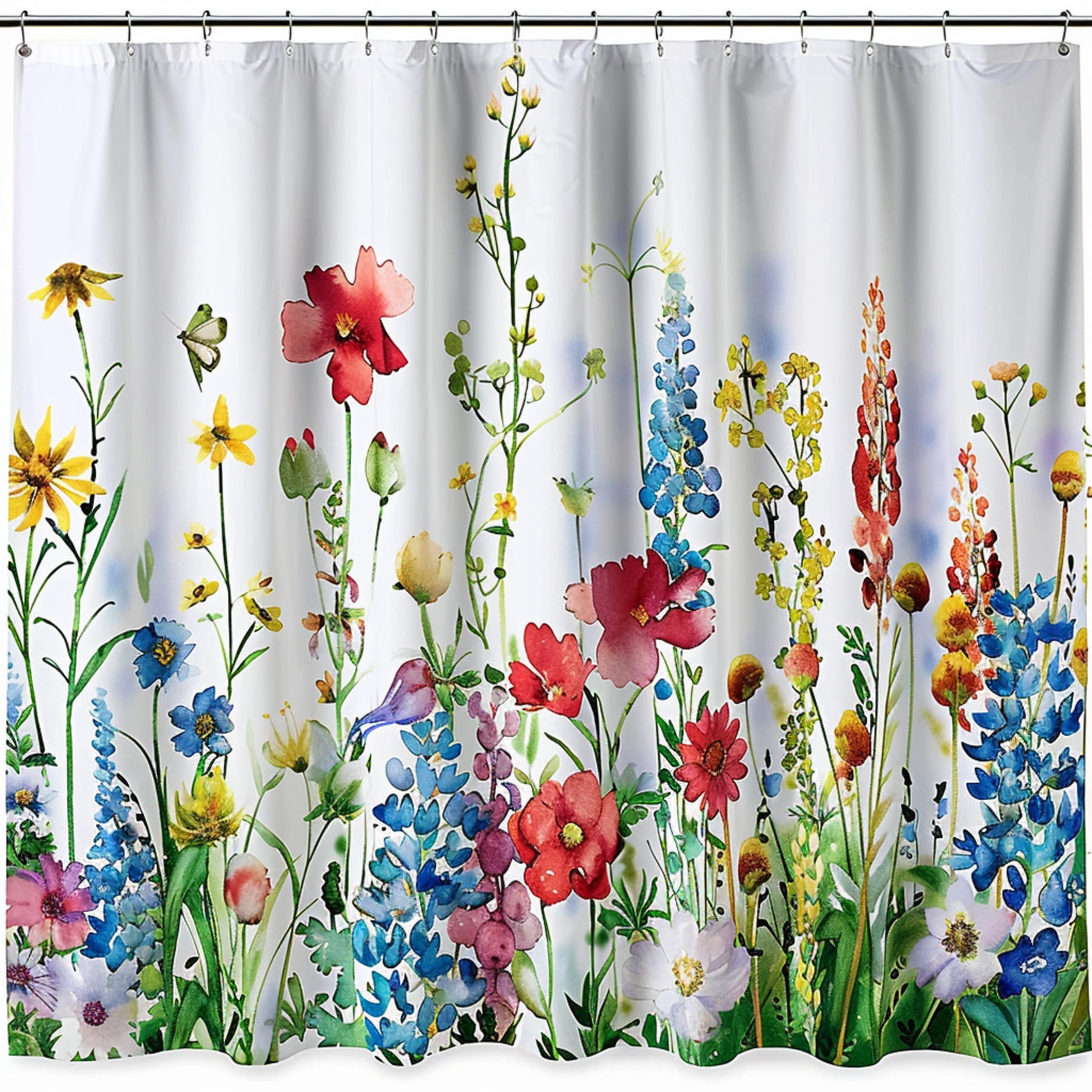 Watercolor Wildflower Garden Shower Curtain White Background Silver ...