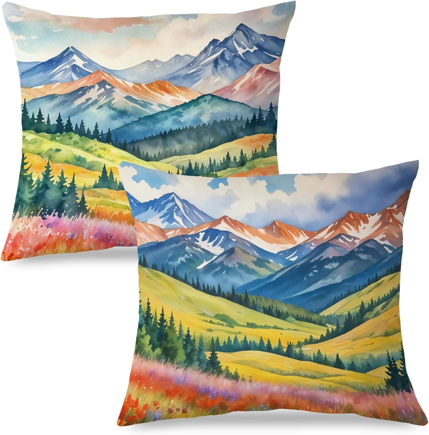 Watercolor Wildflower Mountain Scenery Pillow Covers 18x18 Set of 2 ...