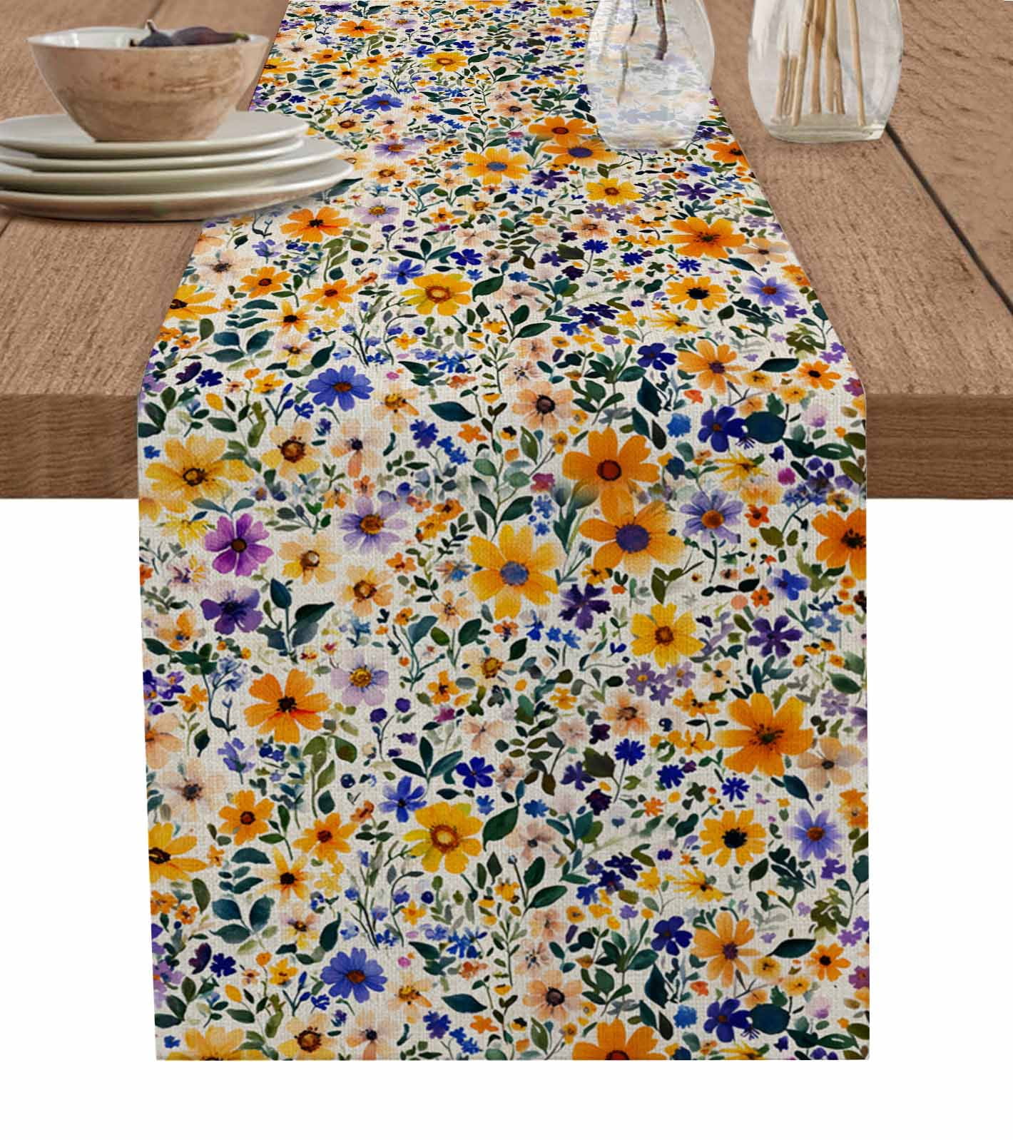 Watercolor Wildflowers Burlap Cotton Table Runner 13x48 Inches Long ...