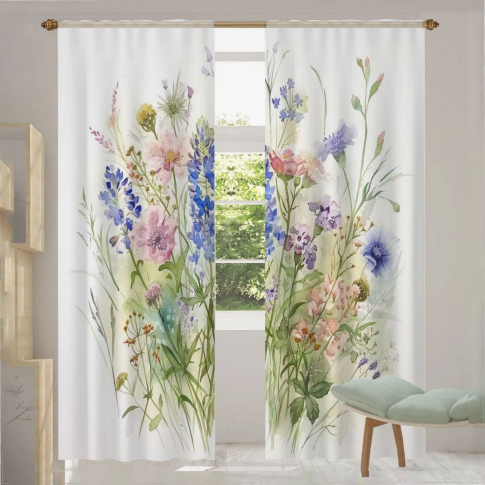 Watercolor Wildflowers Spring Summer (5) Window Tulle Curtains for ...