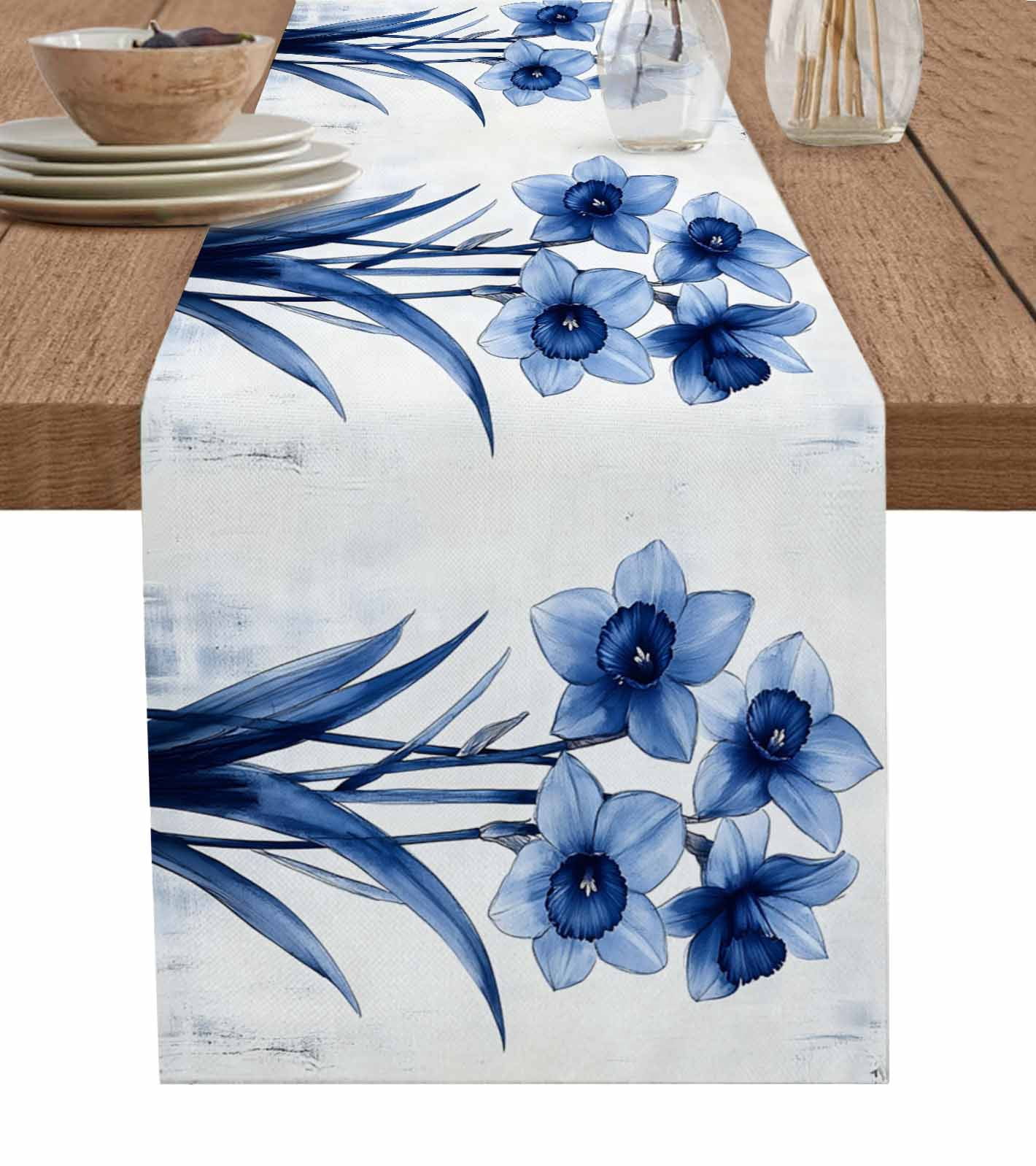 Watercolor Wildflowers Table Runner 72 Inches, Blue Floral Spring ...