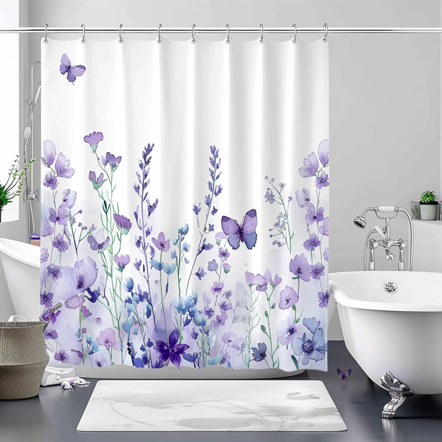 Watercolor Wildflowers And Butterflies Shower Curtain Purple And Blue