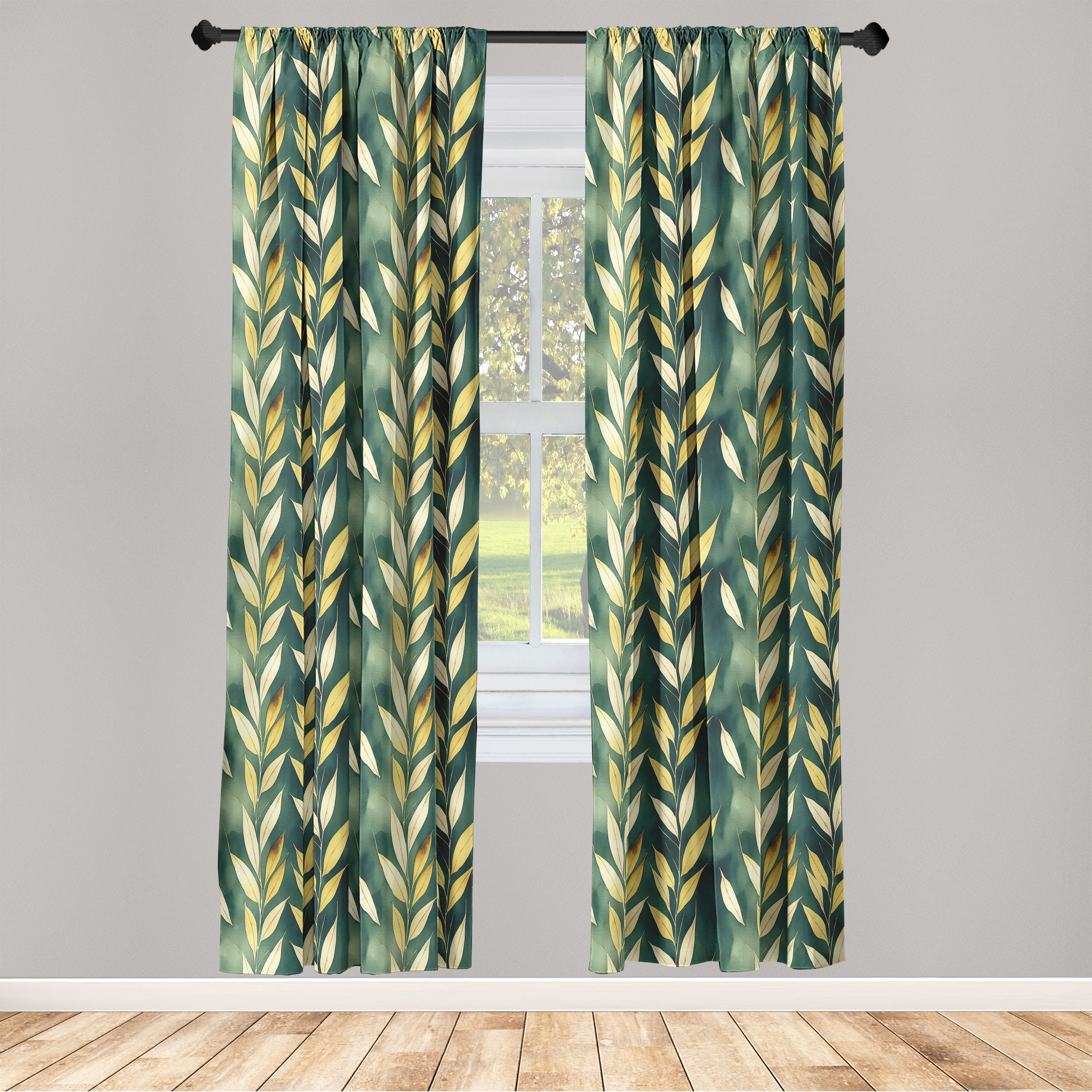 Watercolor Window Curtains, Falling Leaves of Autumn Season Misty ...