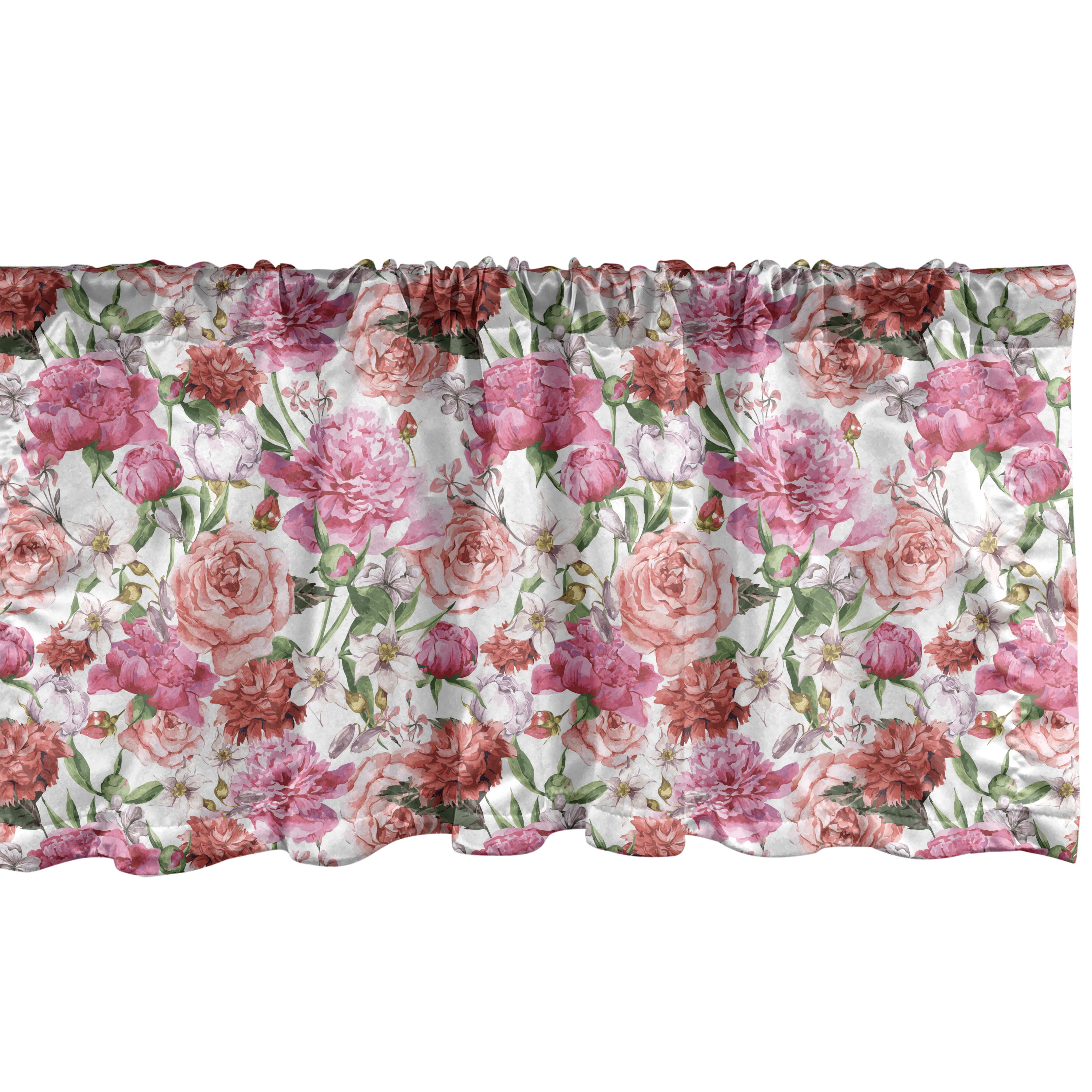 Watercolor Window Valance Pack of 2, Pink Peonies and Roses Green ...