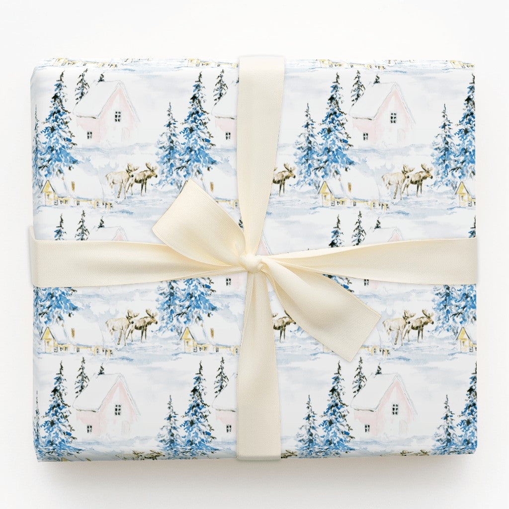 Watercolor Winter Scene with Moose and Cabins Christmas Gift Wrapping ...