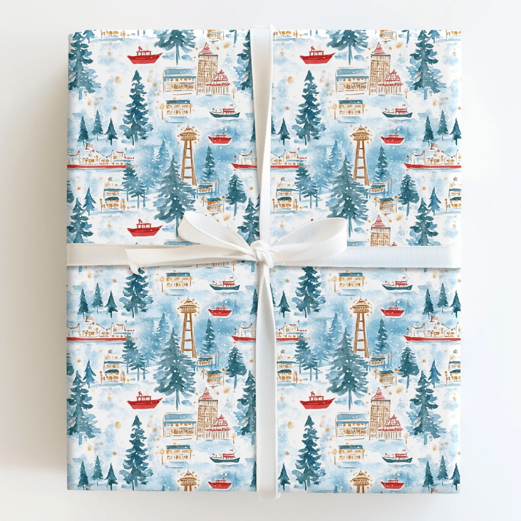 Watercolor Winter Seattle Landmarks Pike Place Market Space Needle ...