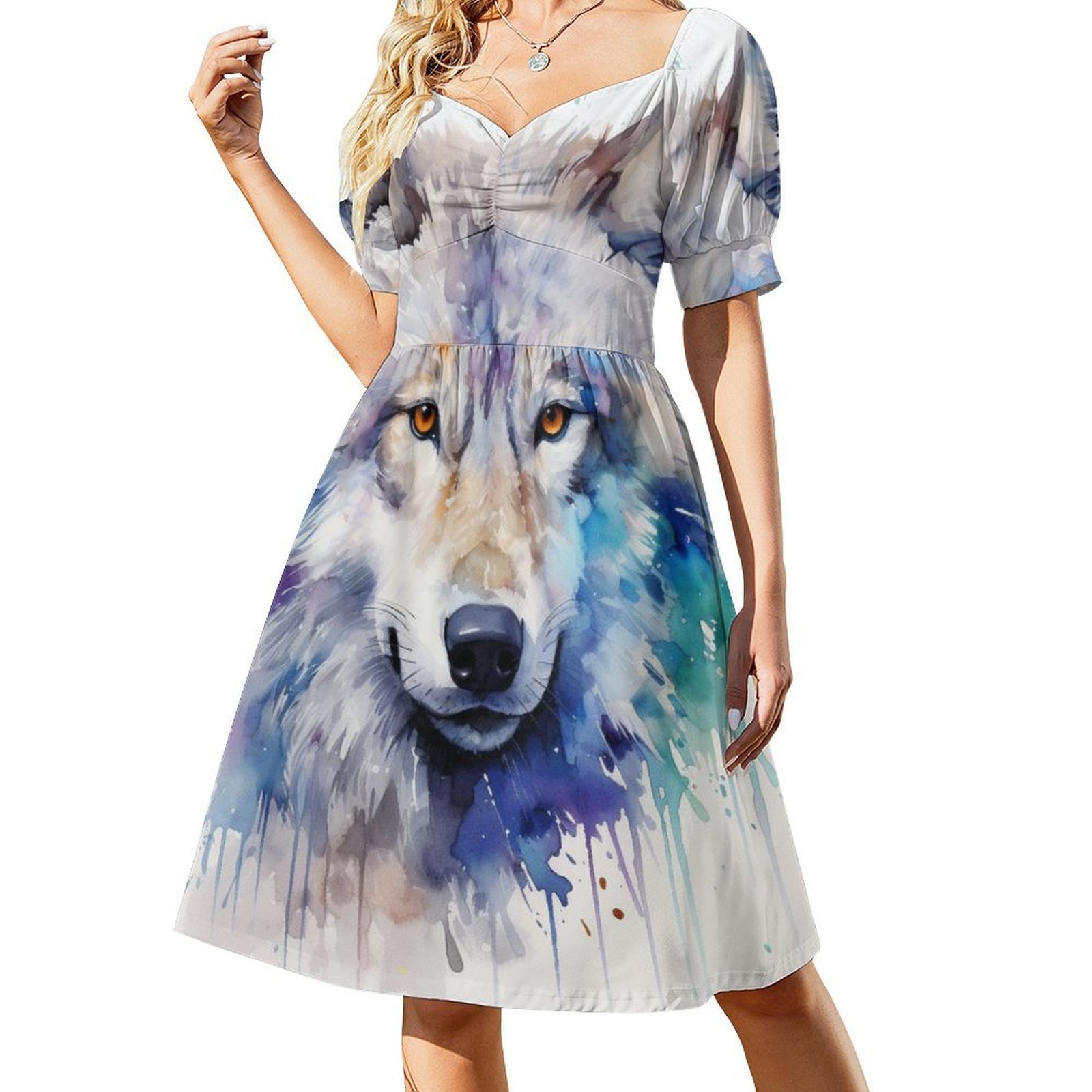 Watercolor Wolf Portrait Short Sleeve Dress Clothes Women's Summer ...