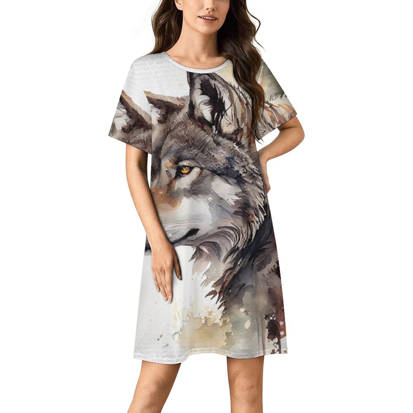 Watercolor Wolf Portrait Women Nightgown Sleepwear Short Sleeves For ...