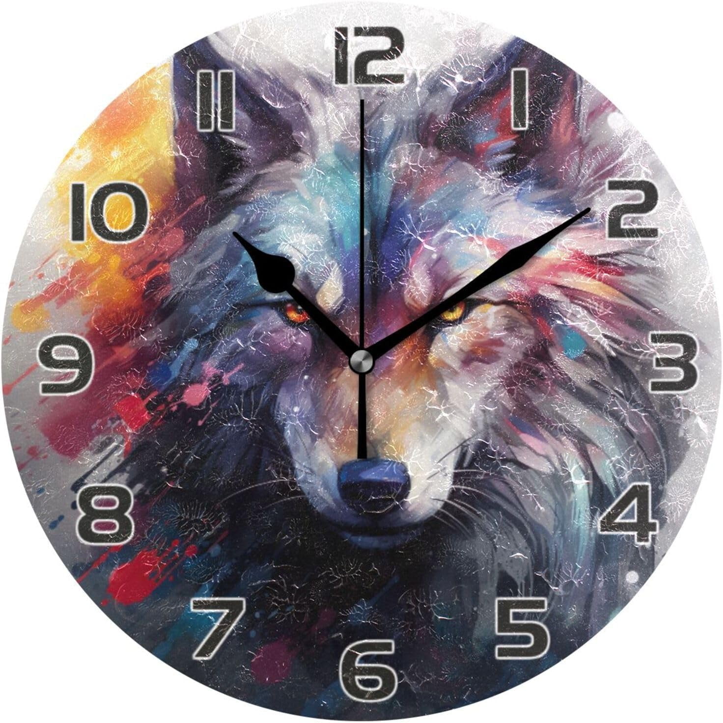 Watercolor Wolf Wall Clock Round Vintage Silent Non Ticking Battery ...