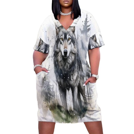 Watercolor Wolf in Forest Loose Pocket Dress Dresses Summer Summer ...