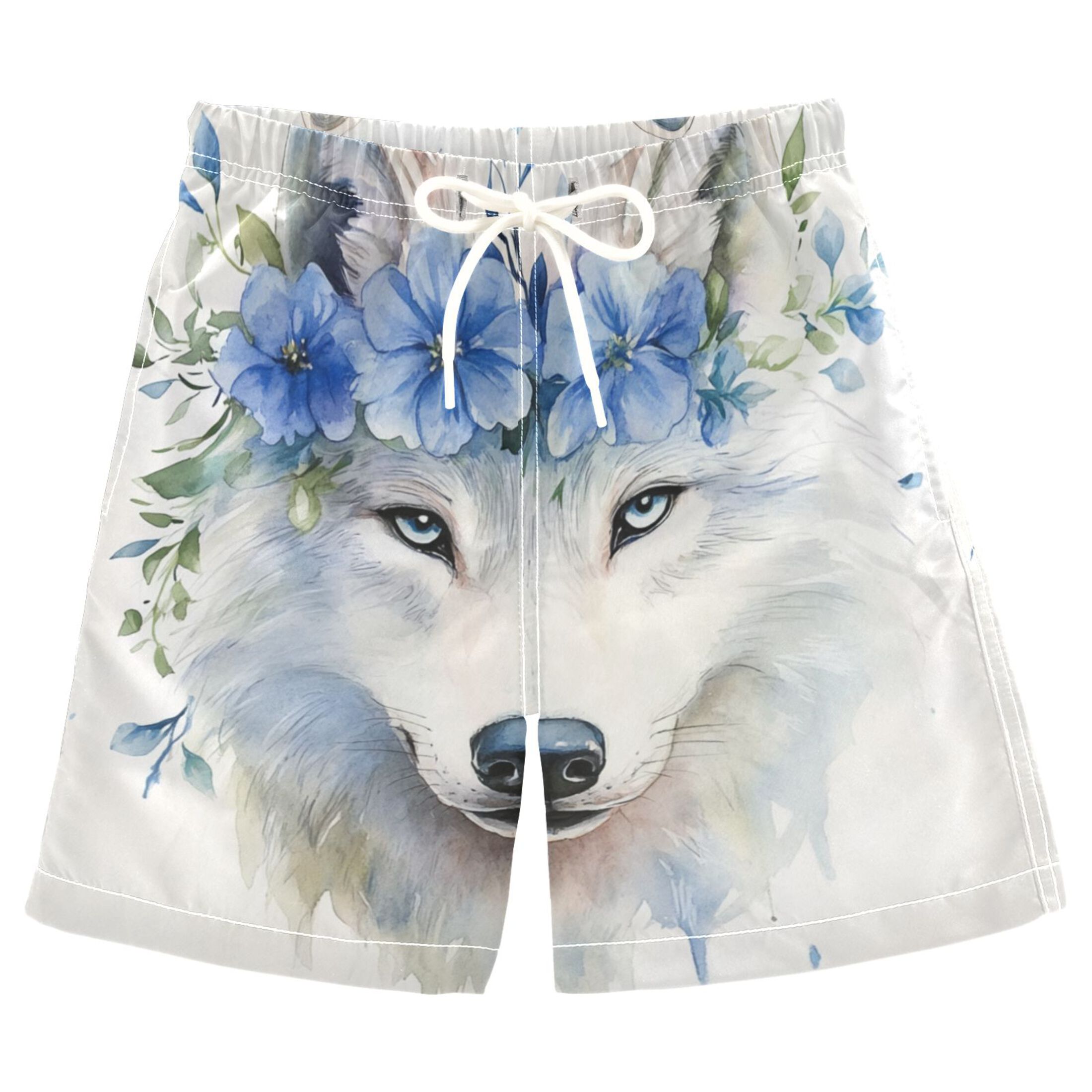 Watercolor Wolf with Blue Flower Garland Boys' Beach Pants Board Shorts ...