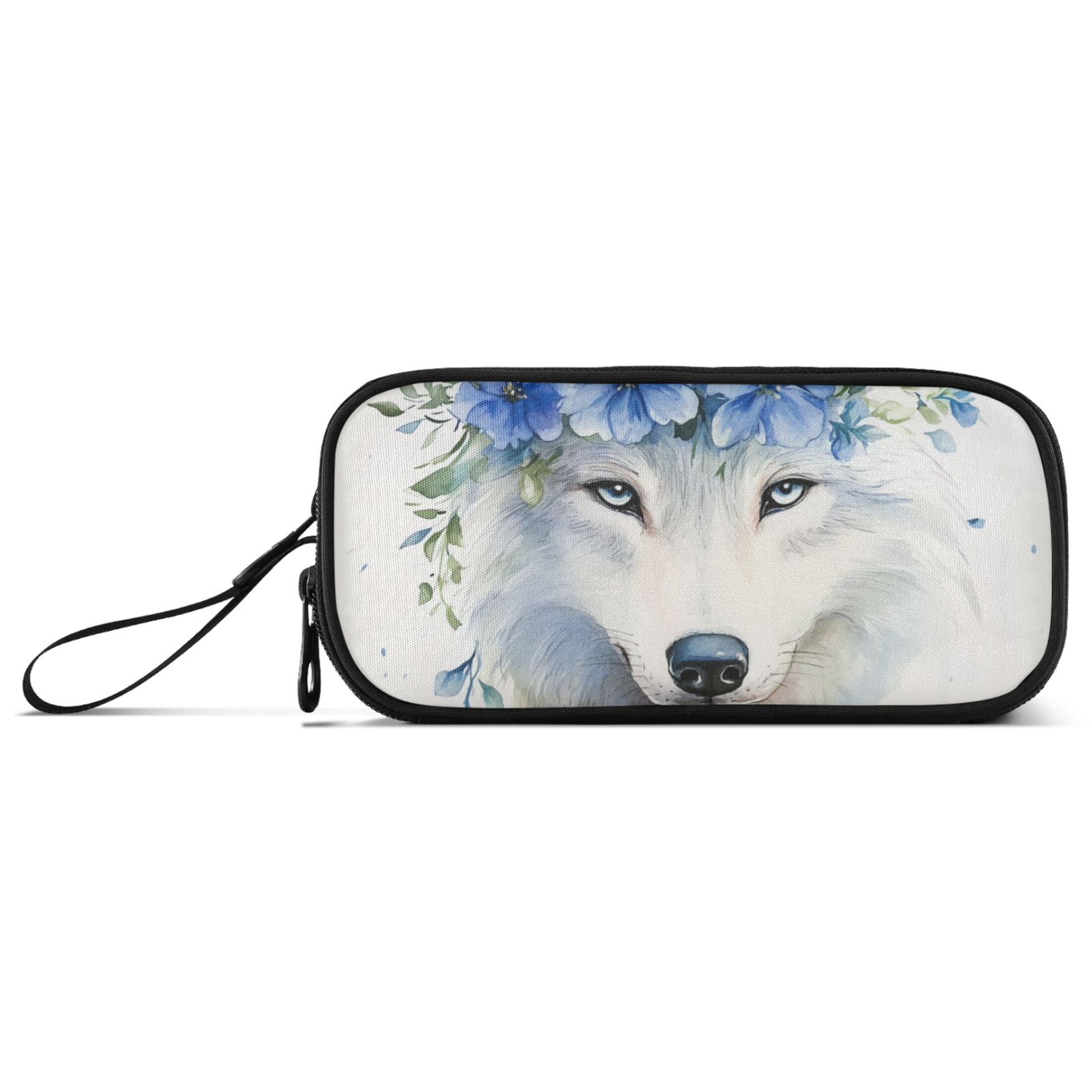 Watercolor Wolf with Blue Flower Garland Pencil Case Stationary Holder ...