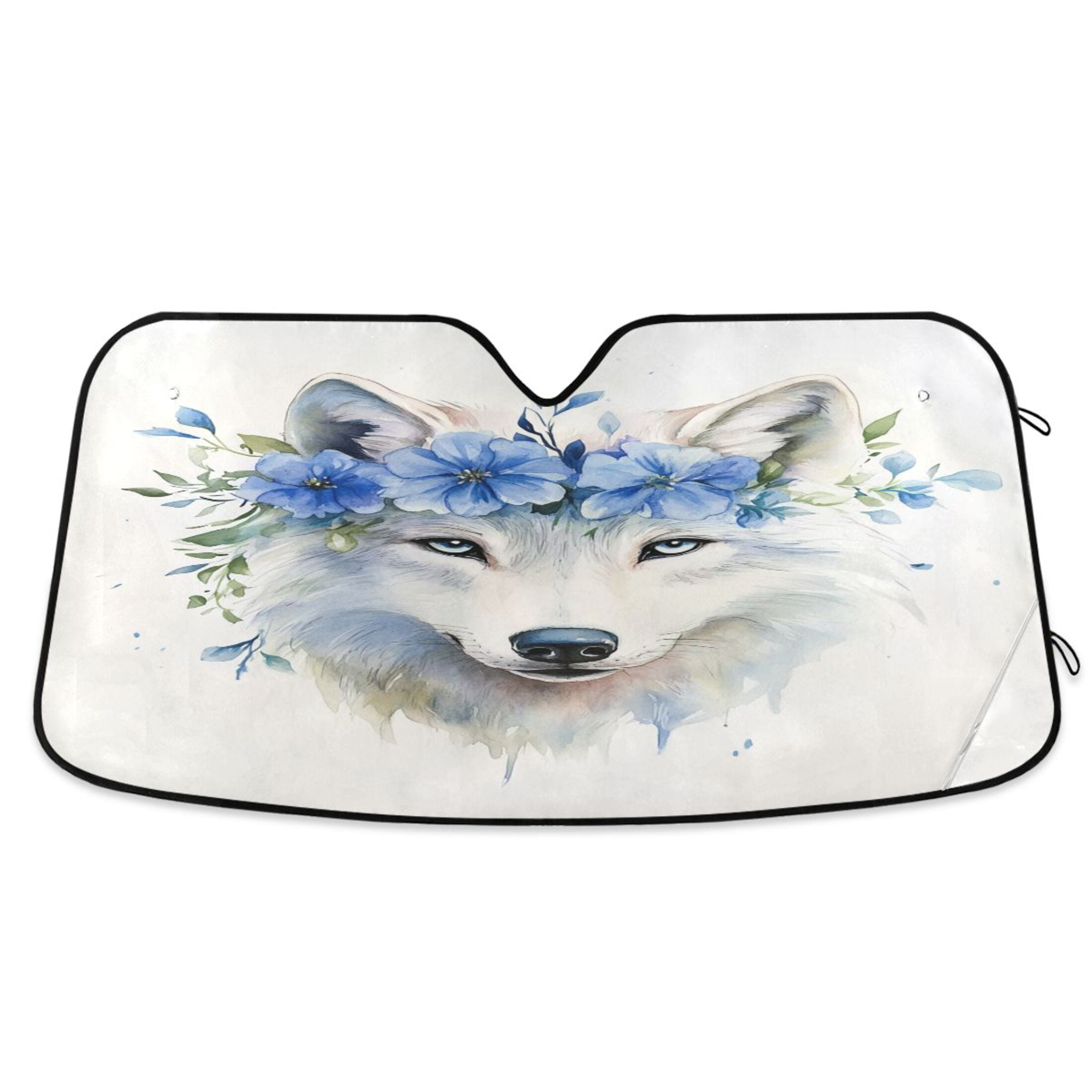 Watercolor Wolf with Blue Flower Garland Windshield Sun Shade ...