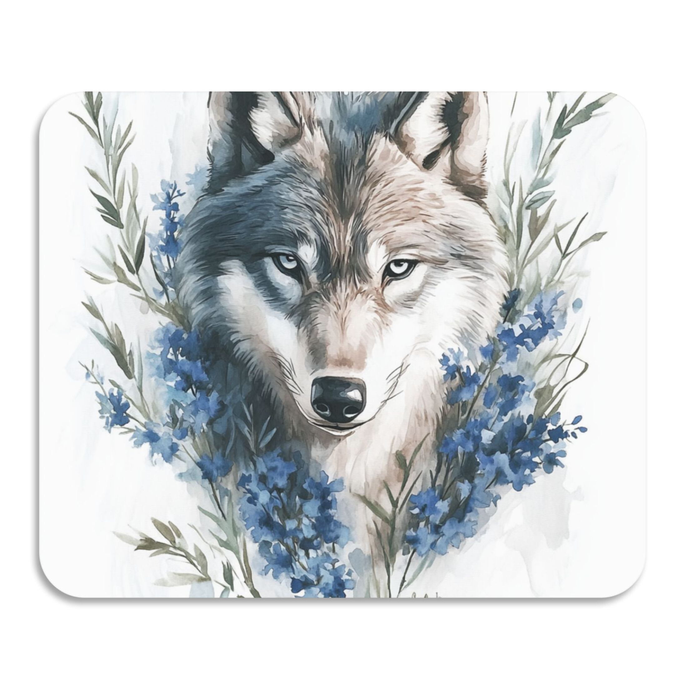 Watercolor Wolf with Blue Flowers Diatomite Dish Drying Mat Drain Pad ...