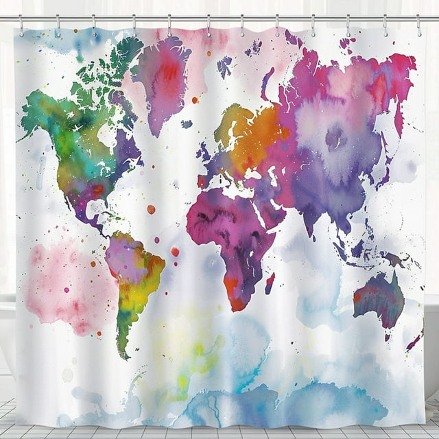 Watercolor World Map Shower Curtain Vibrant Colors Delicate Brush ...