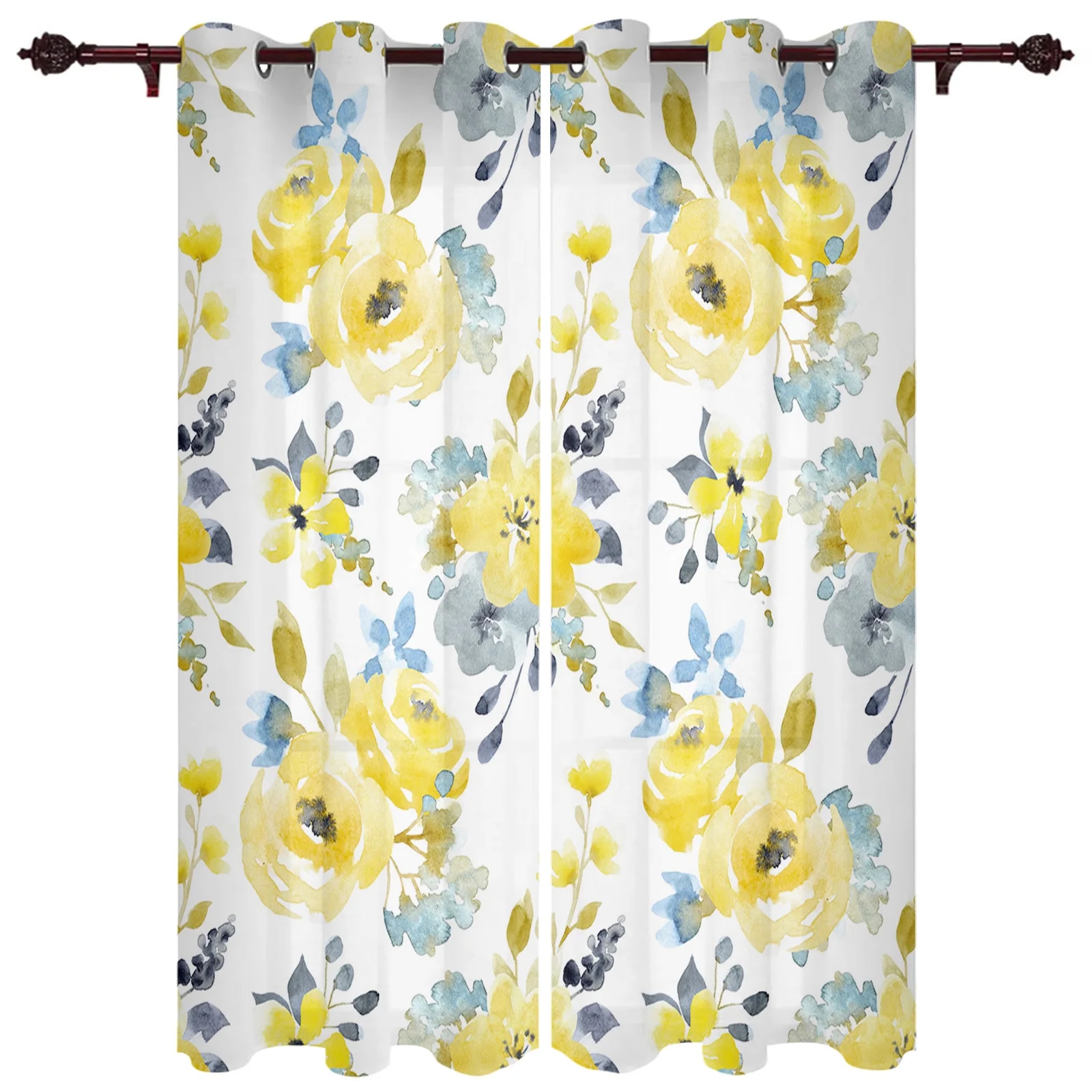 Watercolor Yellow Abstract Flower Modern Window Curtains for Living ...
