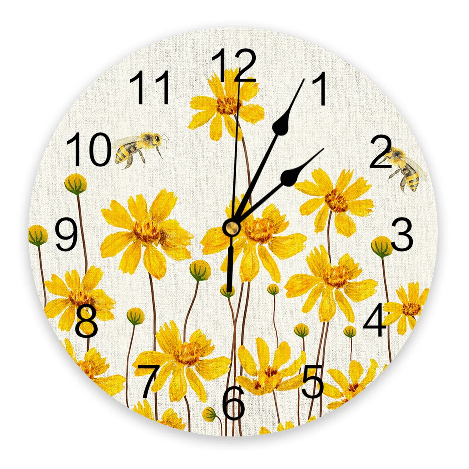 Watercolor Yellow Flowers Bees Wall Clock Modern Design Living Room ...