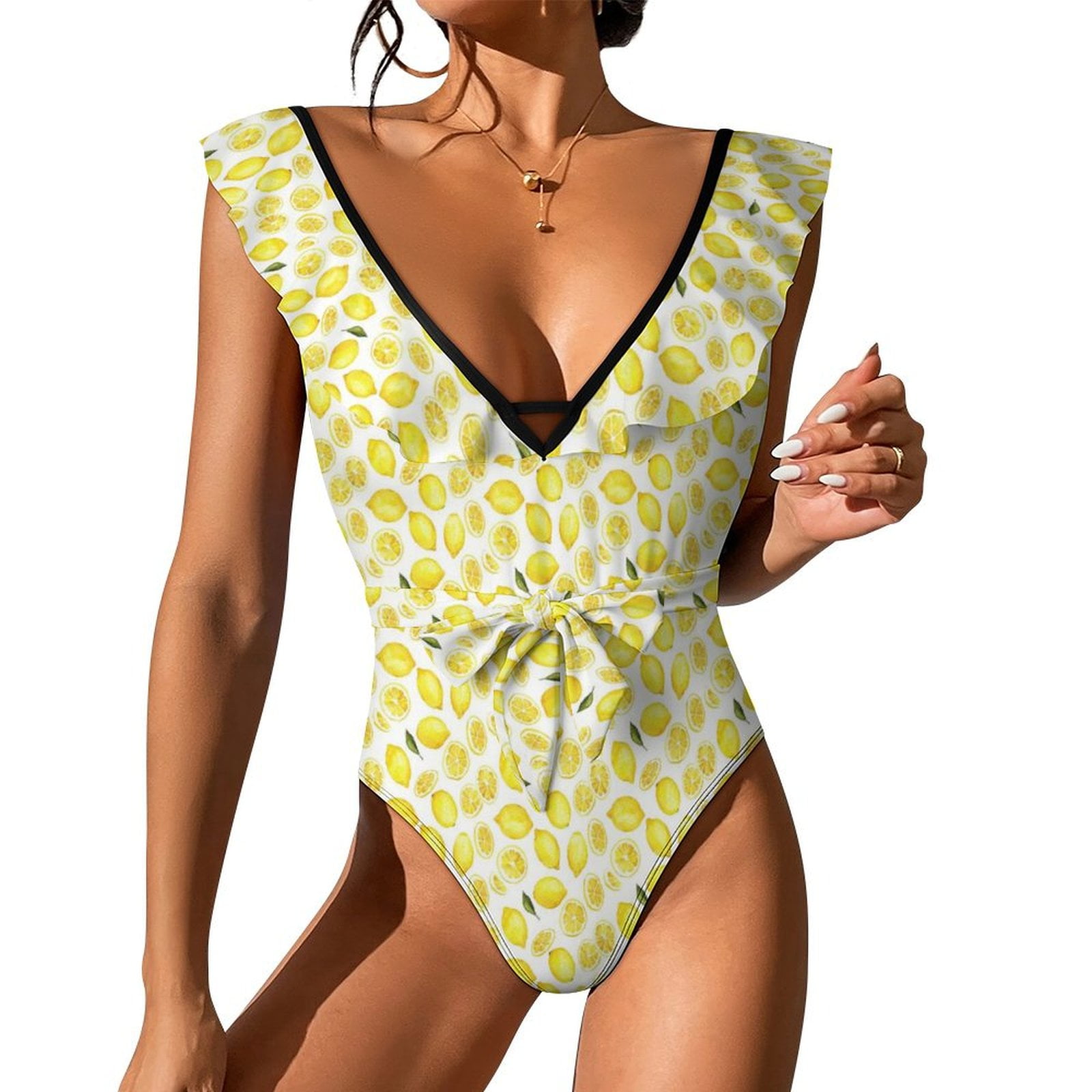 Watercolor Yellow Fruit Lemon Swimsuit Sets Women's Swimwear Summer One-Piece Swimsuit Deep V ...