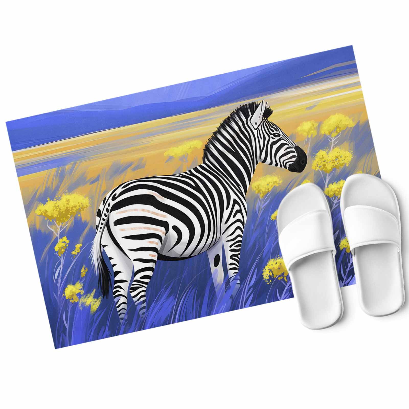Watercolor Zebra Door Mat Yellow Flower Navy Grassland Animal Non Slip ...