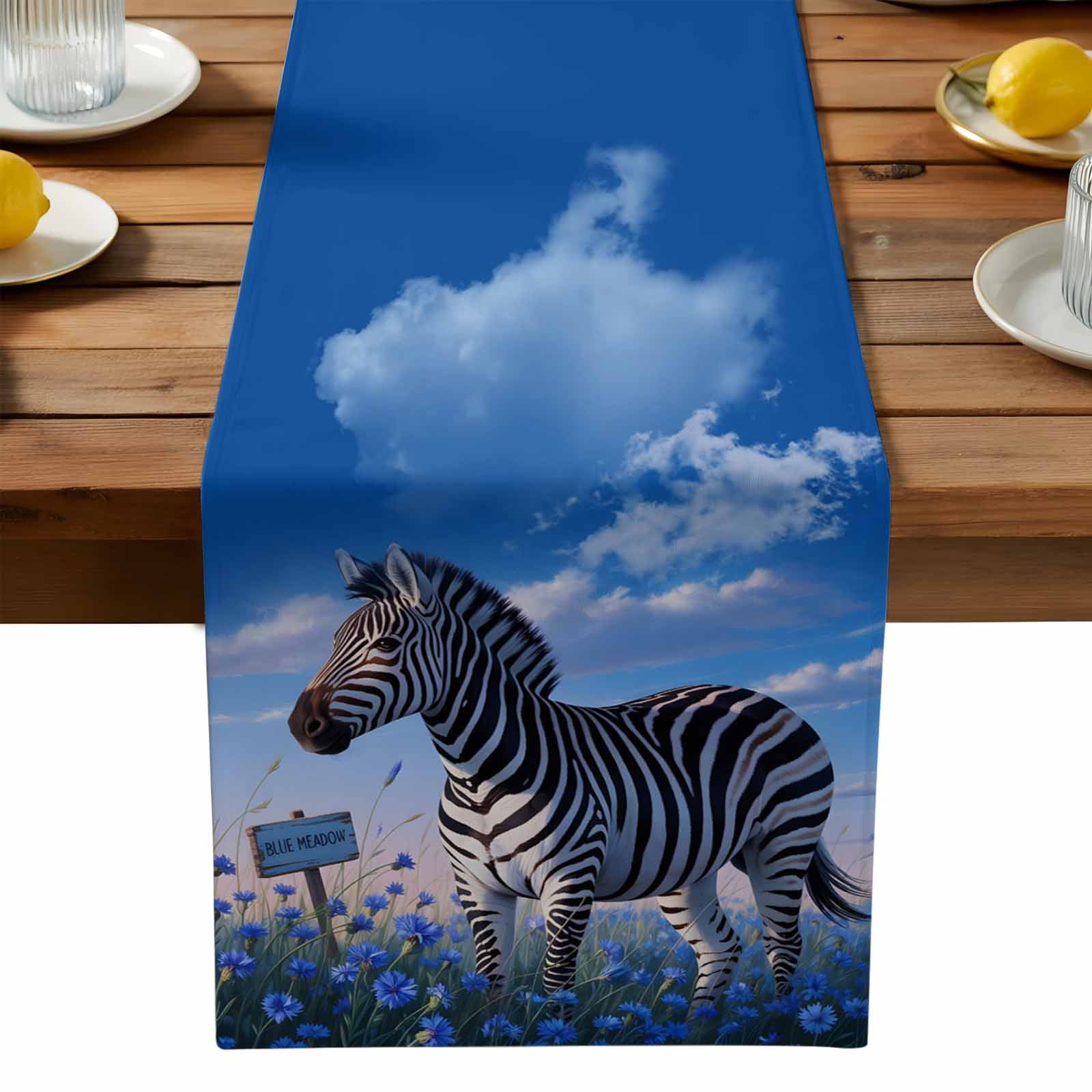 Watercolor Zebra Table Runner, Blue Flower Grassland Sky Nature Kitchen ...