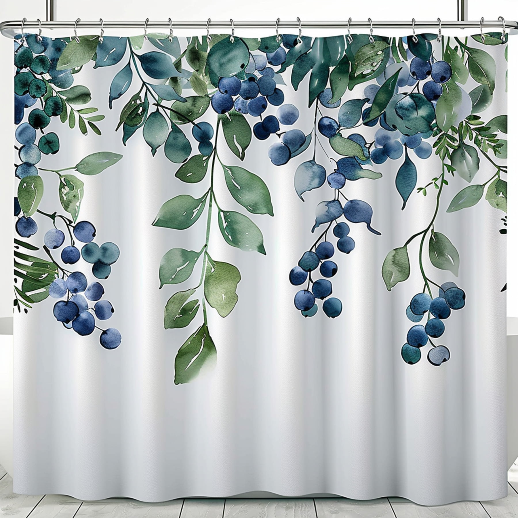 Watercolor blueberry foliage shower curtain with rainforest scene and ...