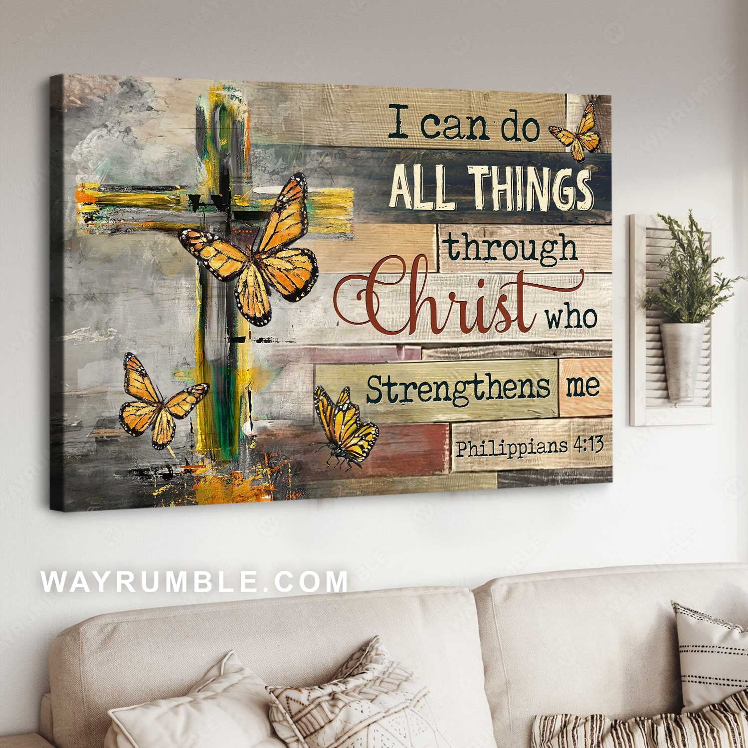 Watercolor cross, Monarch butterfly, I can do all things through Christ ...