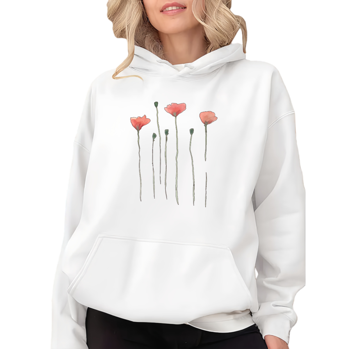 Watercolor print hoodie with white four-o'clock poppies, a top with a ...
