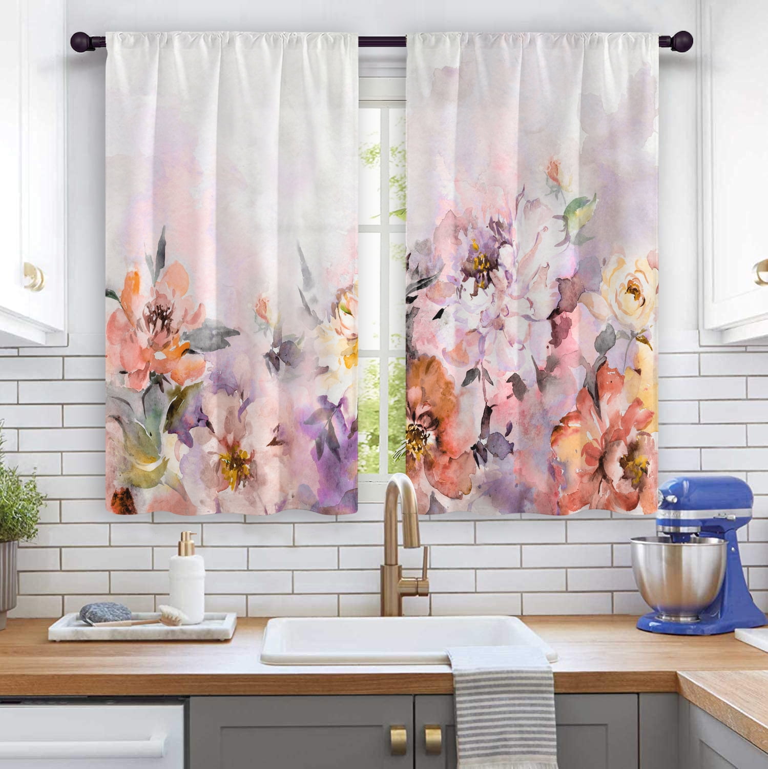 Watercolors Flowers 3D Digital Printing Curtain Kitchen Window Curtains ...