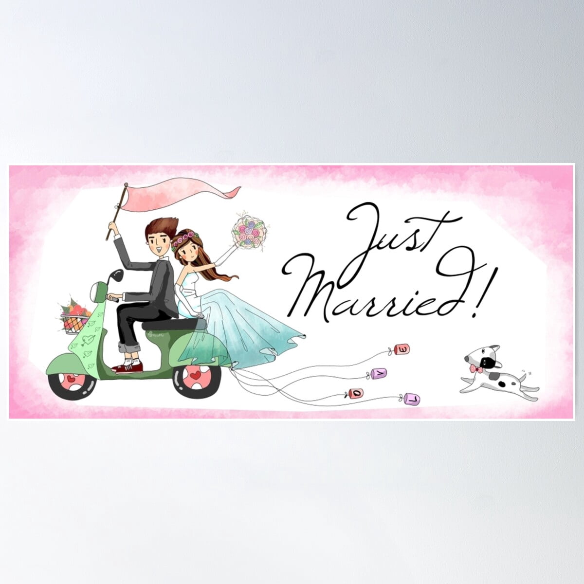 Watercolors Just Married Newlyweds On Scooter Poster Wall Art, Modern ...