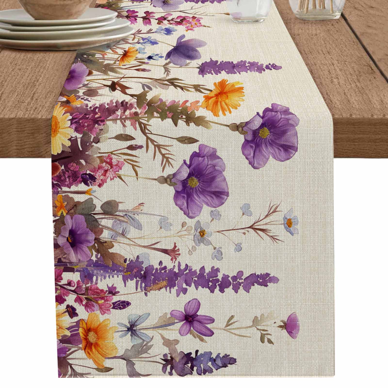 Watercolors Purple Flower Daisy on Linen Table Runner-70 Inch Long ...