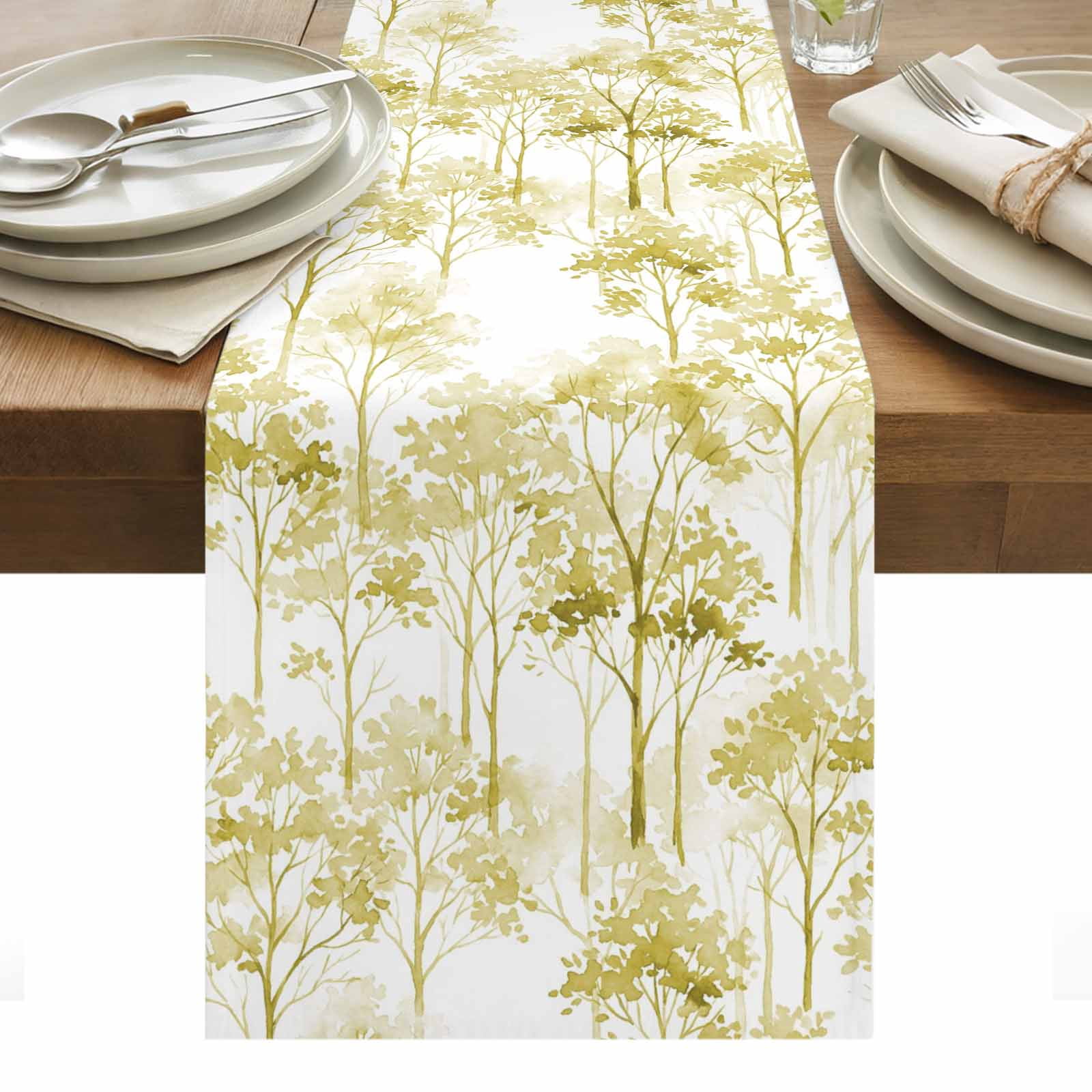 Watercolors Trees Cotton Linen Table Runner Yellow Leaf Abstract Retro ...