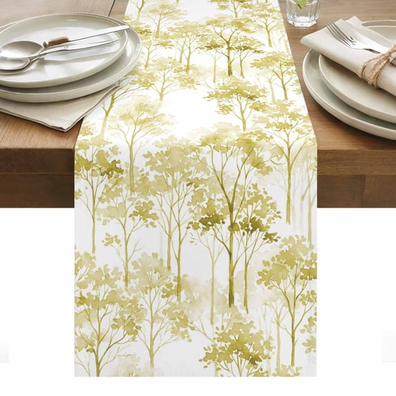 Watercolors Trees Cotton Linen Table Runner Yellow Leaf Abstract Retro ...