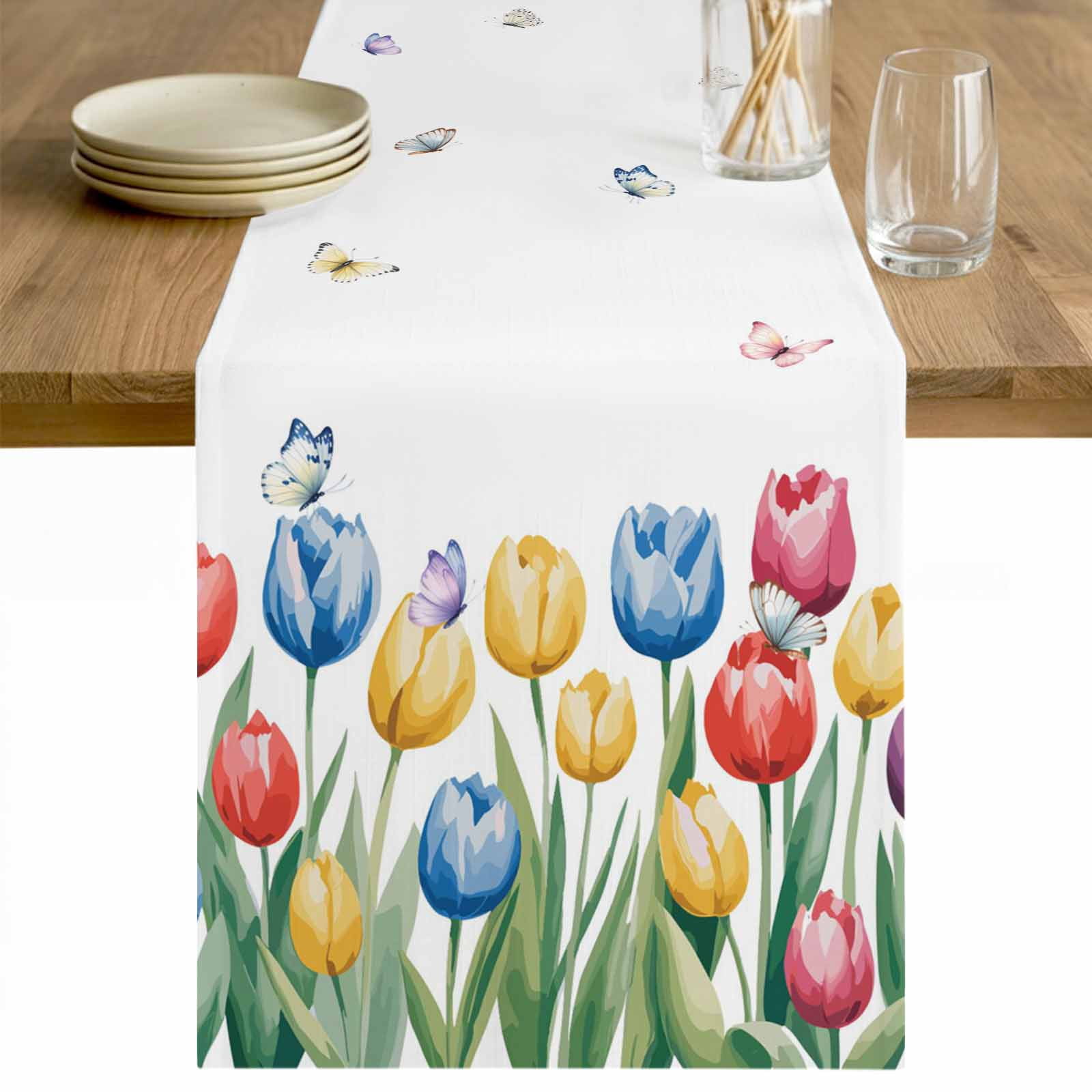Watercolors Tulips Table Runner - 120 Inch Long Spring Butterflies ...