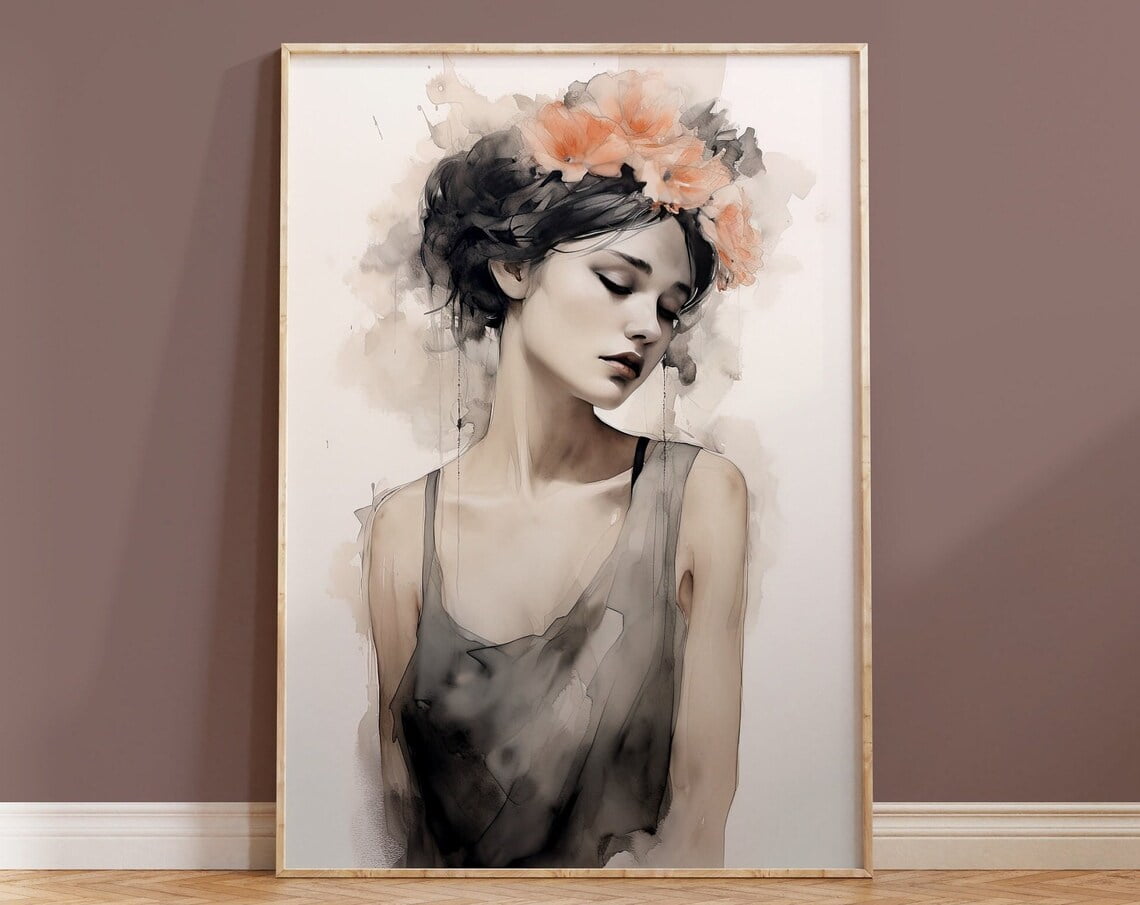 Watercolour Boho Portrait Floral Art Print Flowers Simple Neutral Gift ...