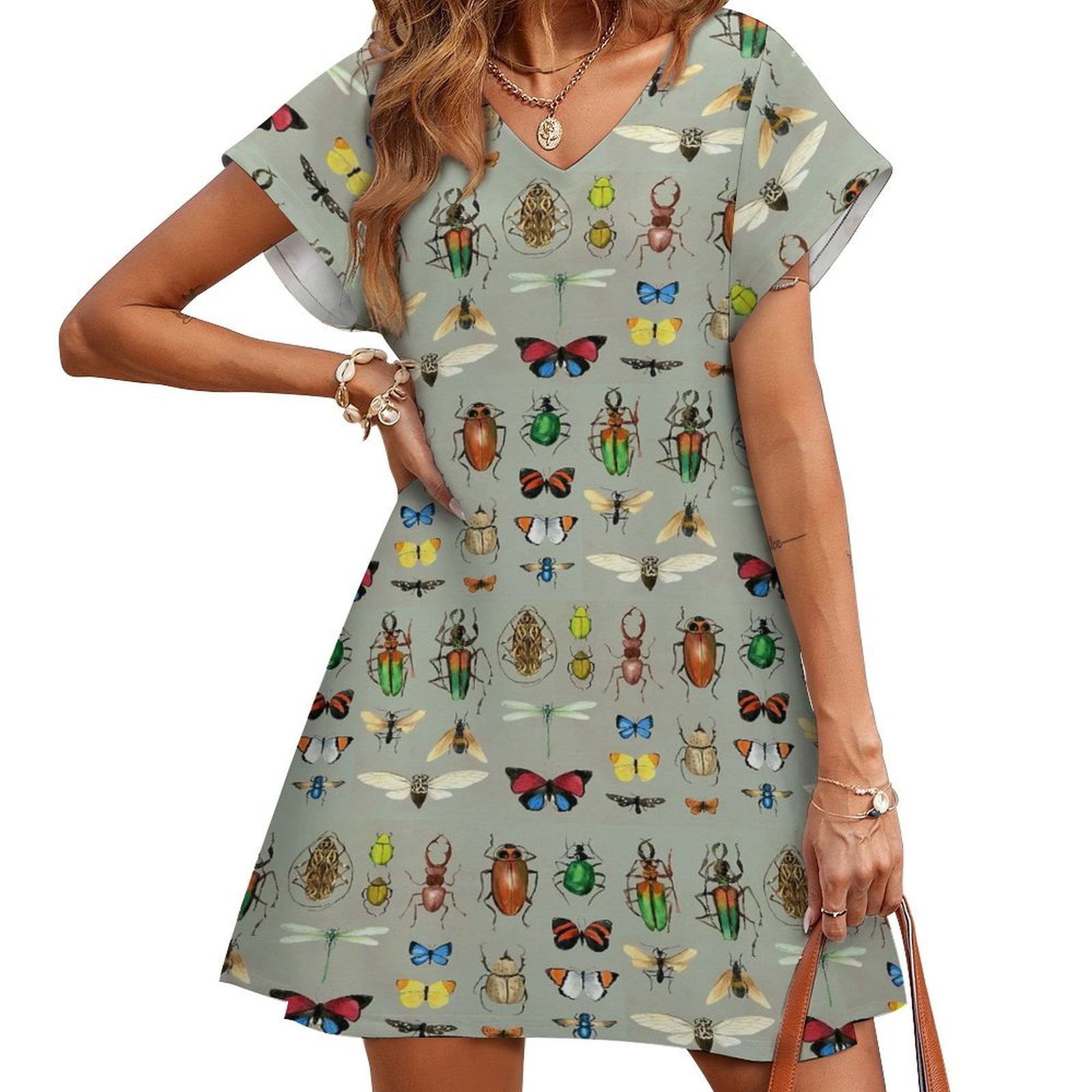 Watercolour Bugs Pattern Ladies Summer Short Sleeve Fashion Dress V ...