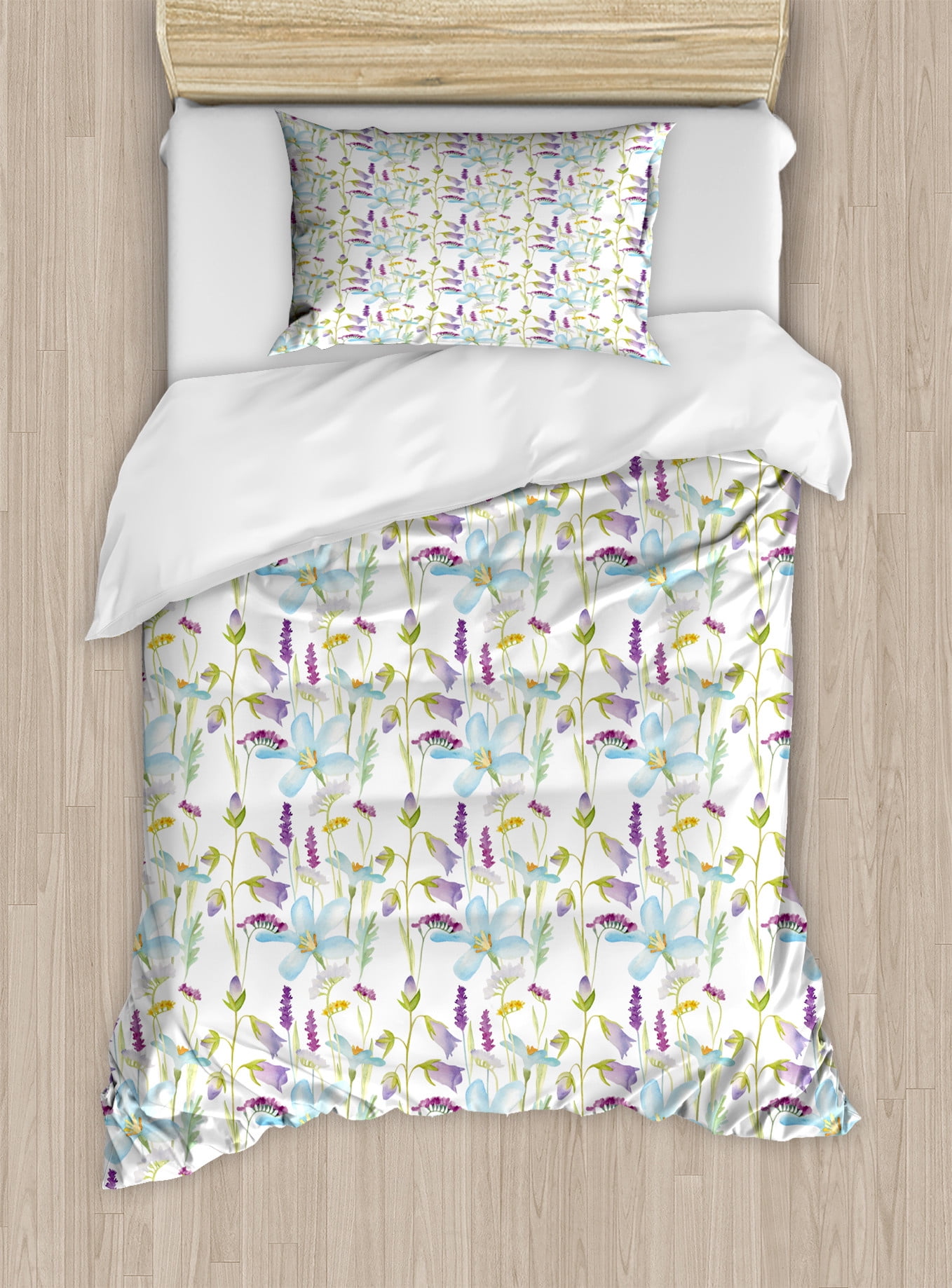 Watercolour Duvet Cover Set, Aquarelle Style Lavender Lily Iris Magnolia Poppy Blossoms Field ...
