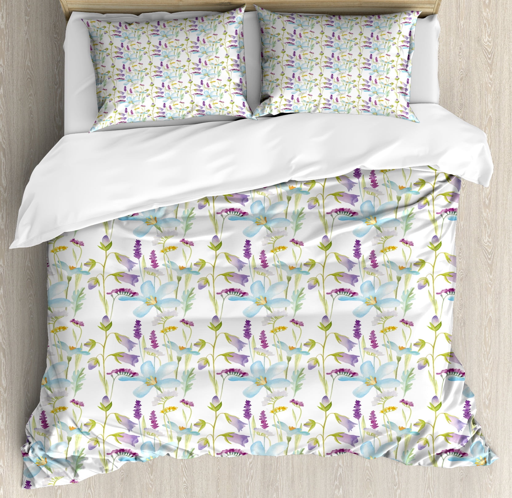 Watercolour Duvet Cover Set, Aquarelle Style Lavender Lily Iris Magnolia Poppy Blossoms Field ...