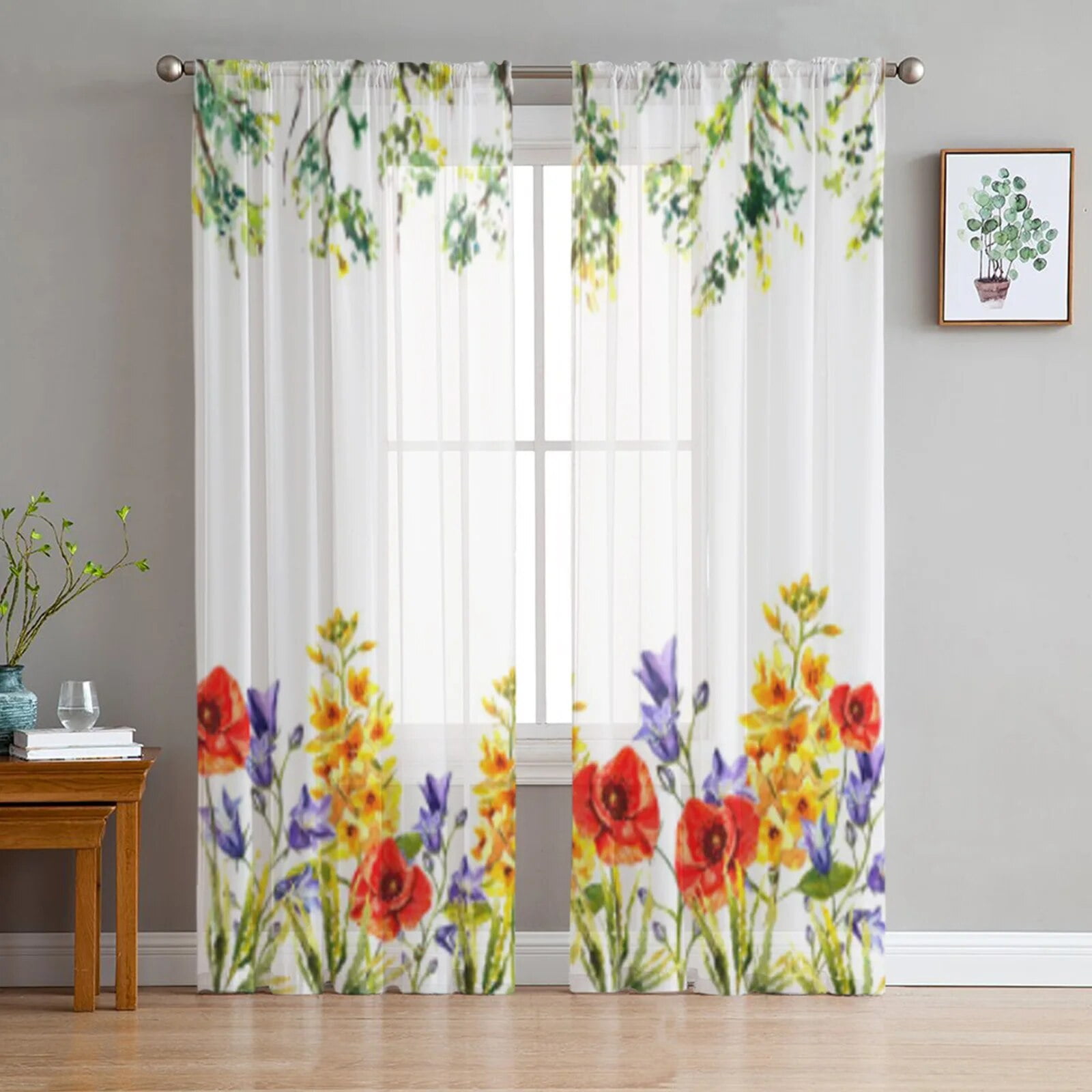 Watercolour Flowers And Branches Tulle Curtains For Living Room ration ...