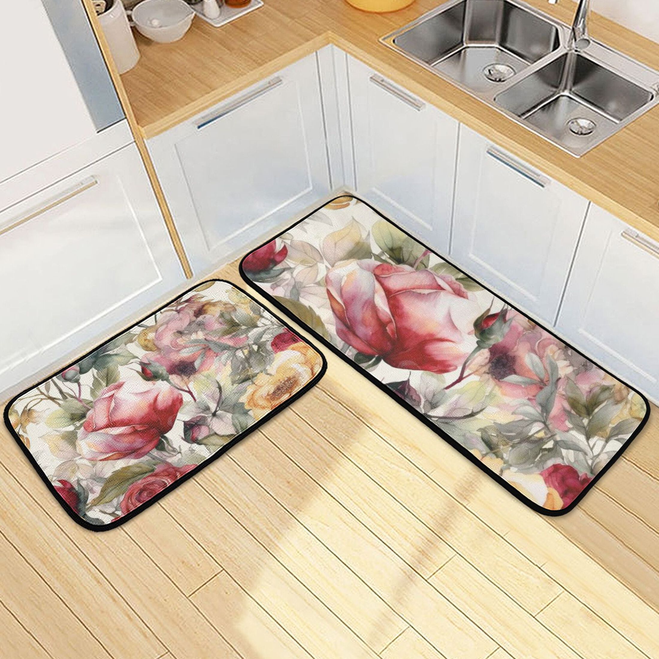 Watercolour Flowers Kitchen Mats Set 2 Piece Non Slip Floor Foam Rugs ...
