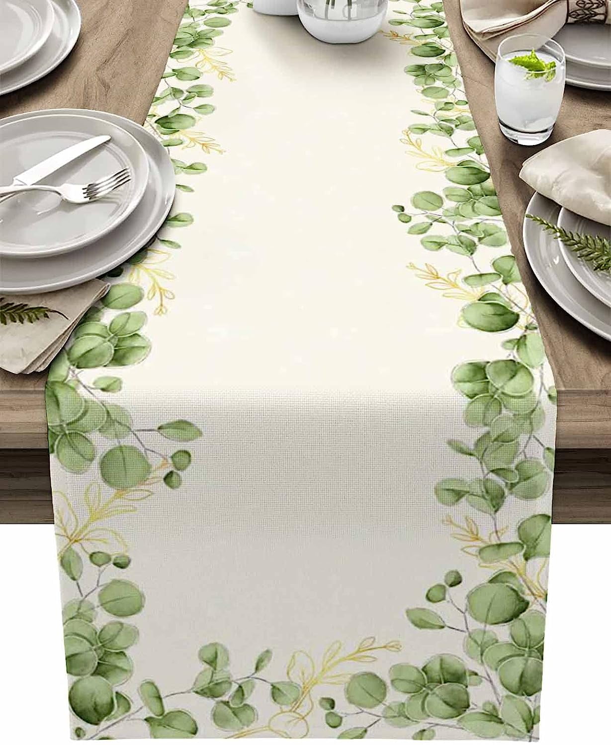Watercolour Leaves Plant Linen Table Runner Holiday Party Decorations ...