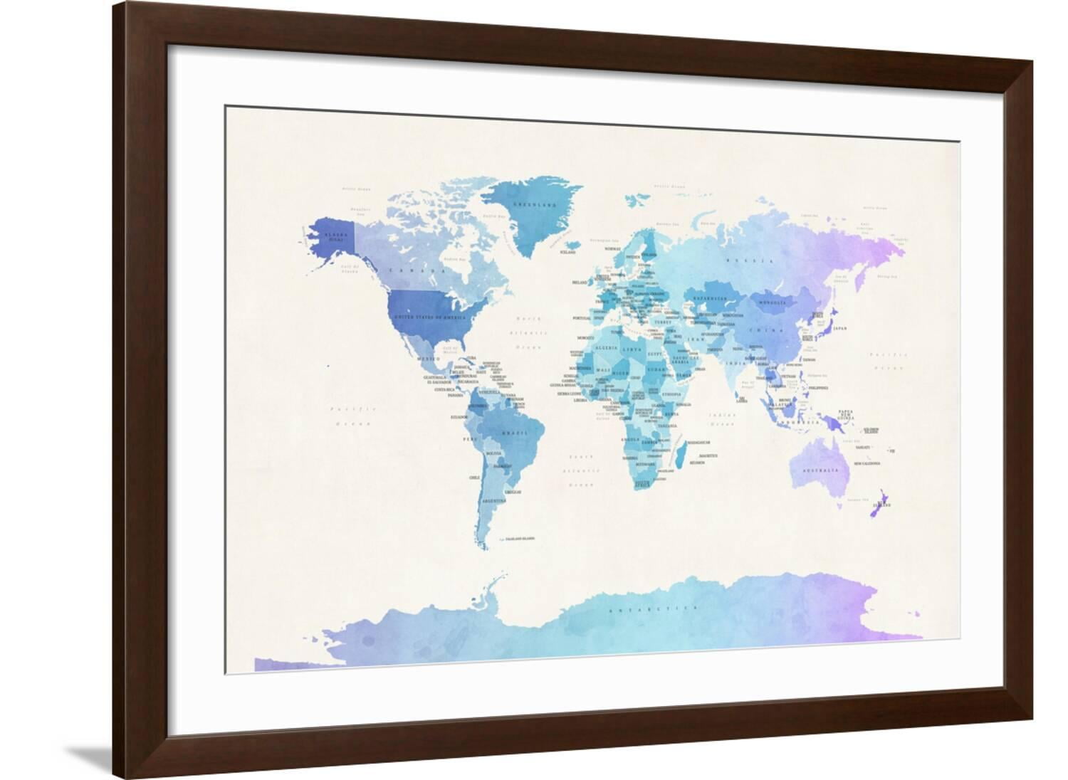 Watercolour Political Map of the World Framed Art Print by Michael ...