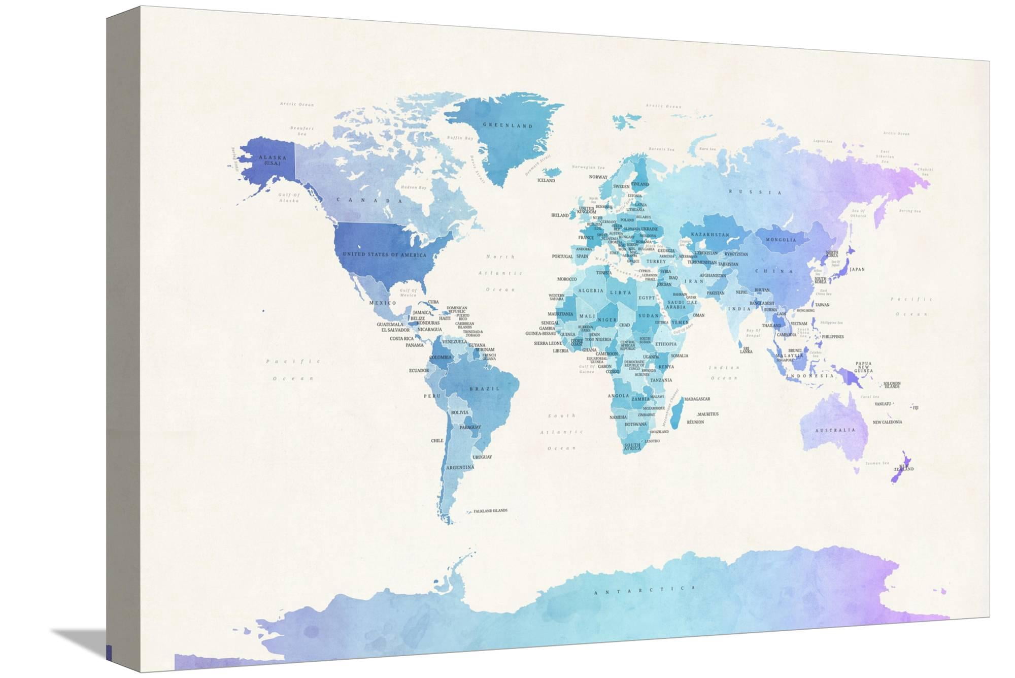 Art.com Watercolour Political Map of the World Stretched Canvas Print ...