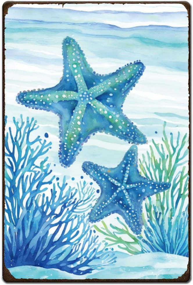 Watercolour Starfish Tin Signs Retro Blue Coral Metal Poster Iron Wall ...